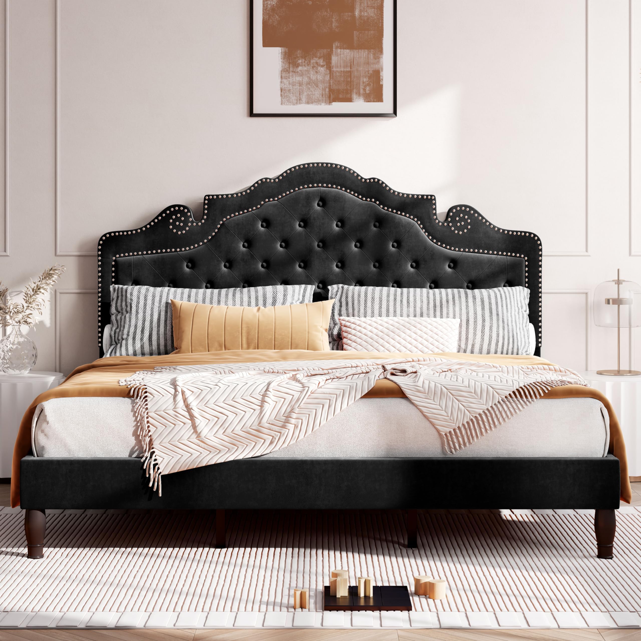 Amazon.com: Pemberly Row Upholstered Velvet Eastern King Bed in Ivory ...