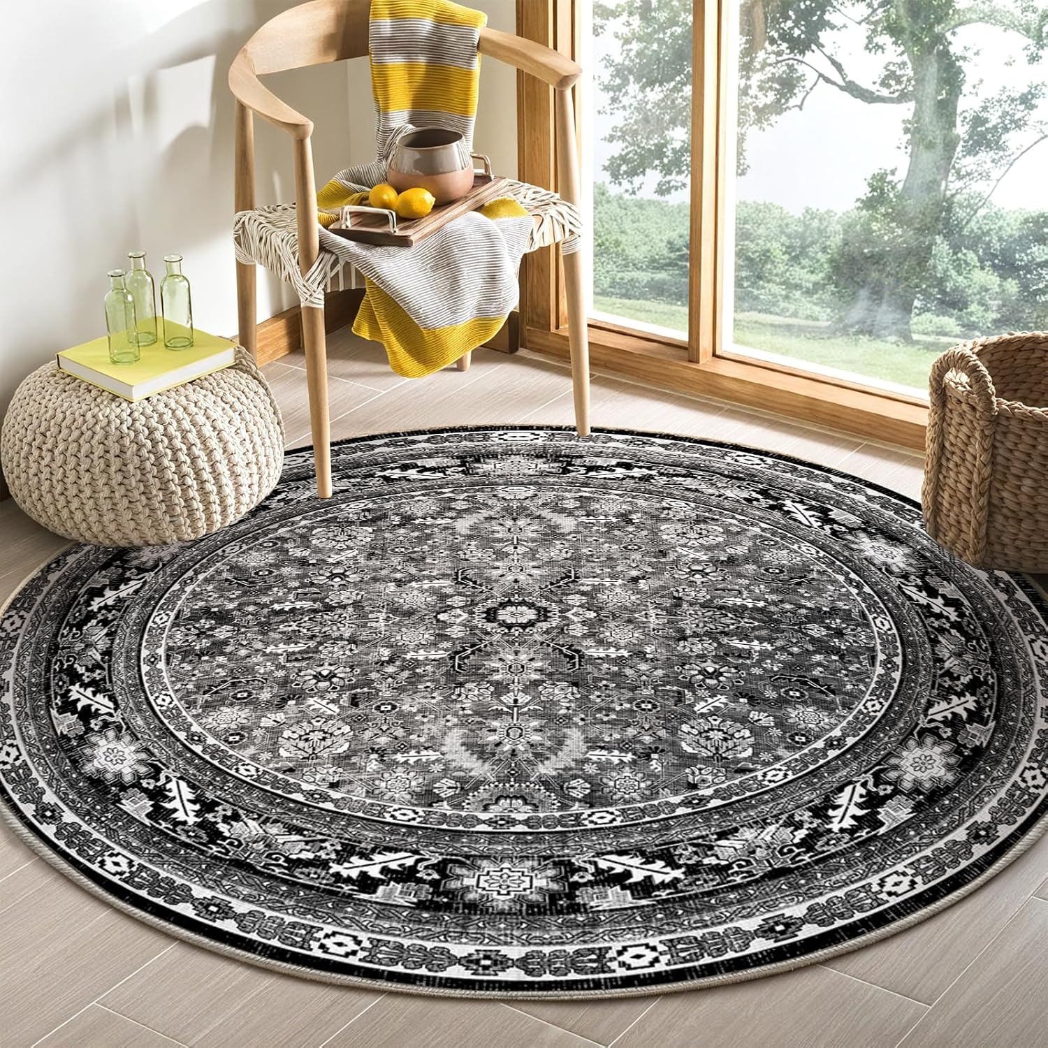 Amazon.com: OPPODREAM Vintage Black Round Rug 5ft, 5 ft Retro Washable ...
