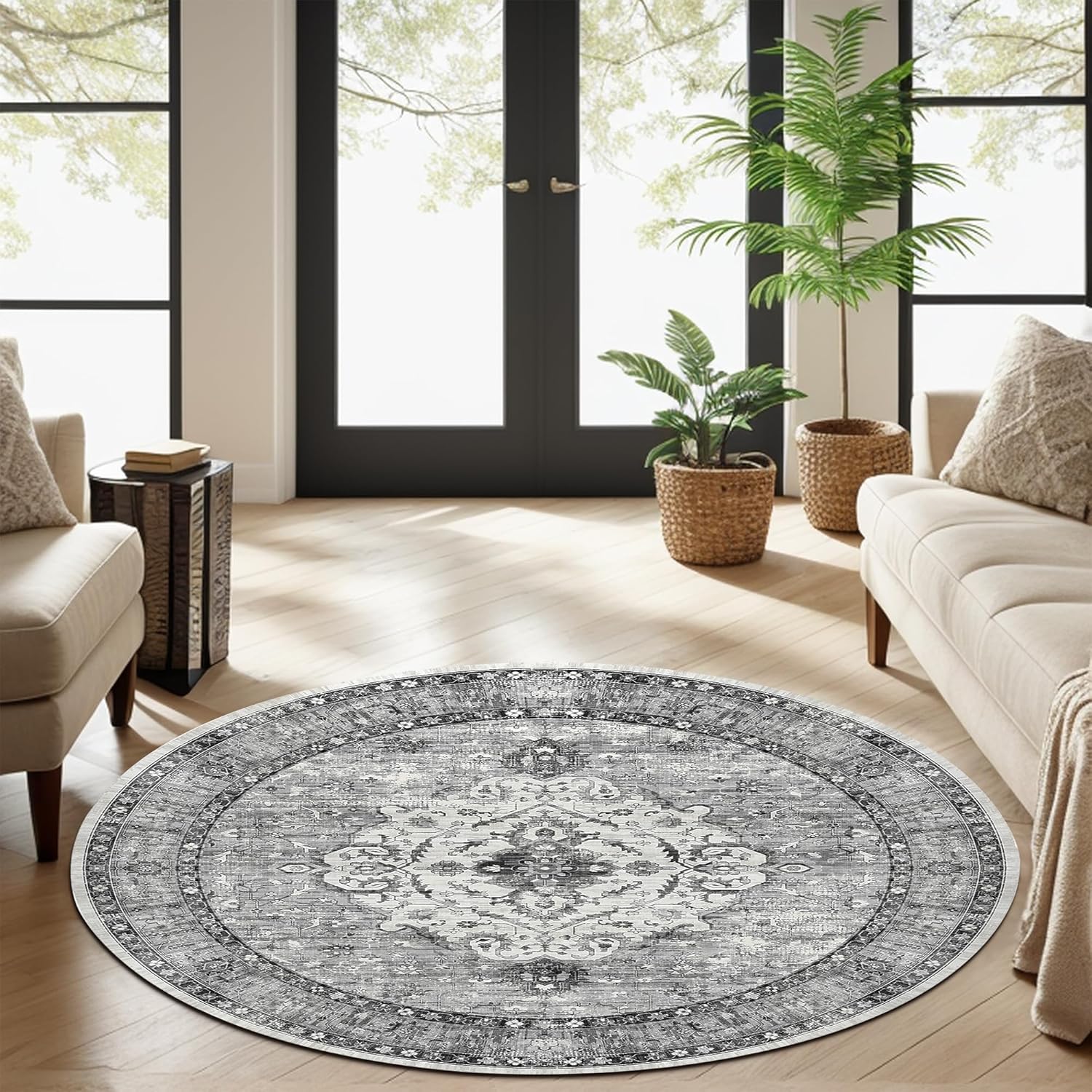 Amazon.com: Boho Vintage Round Rug 5ft- Faux Wool Non-Slip Dreely ...