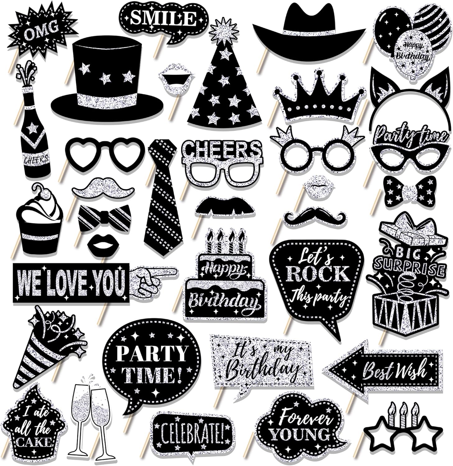 Amazon.com: 30 Pcs Birthday Photo Booth Props Black, Silver Birthday ...