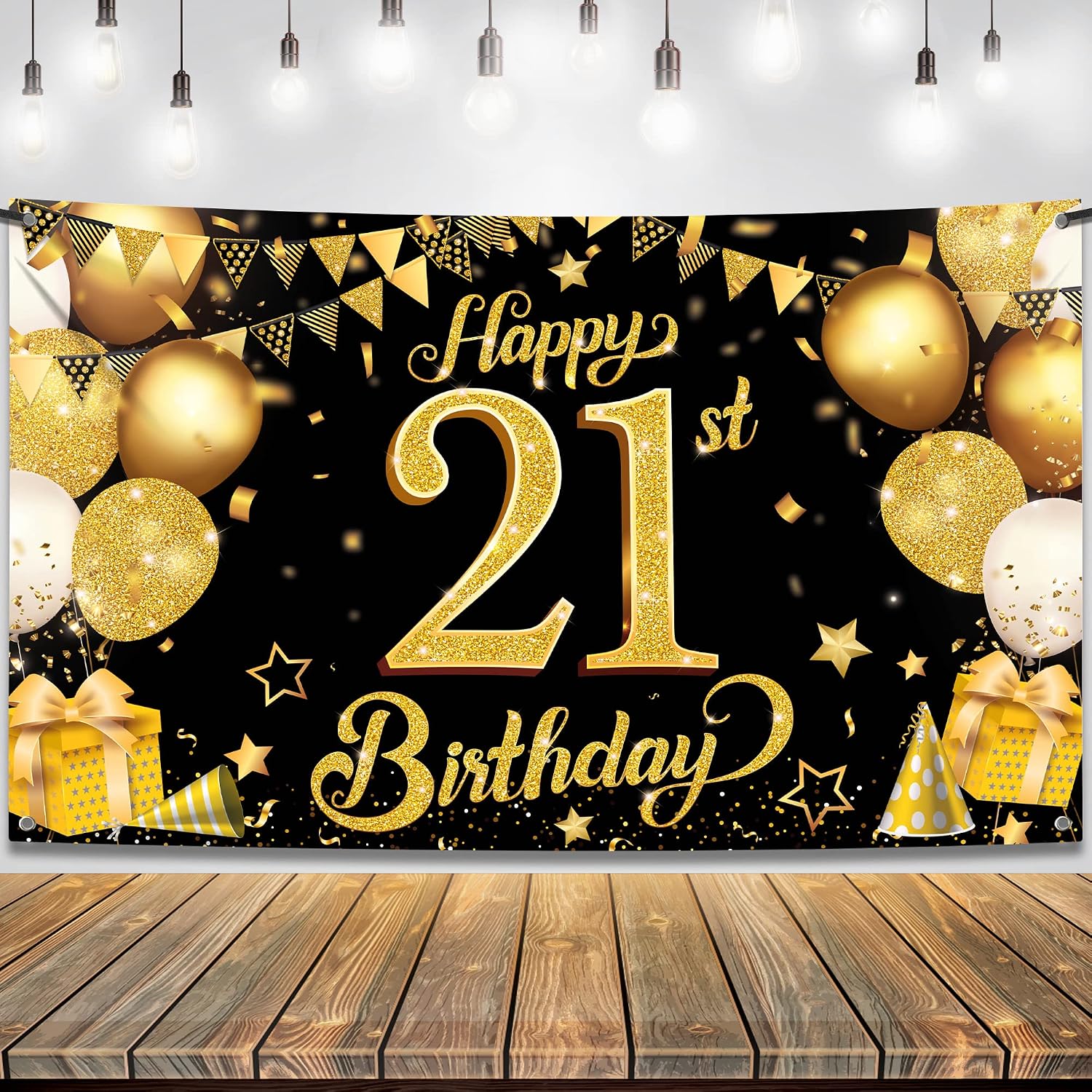 Amazon.com: KatchOn, Black and Gold 21st Happy Birthday Banner ...