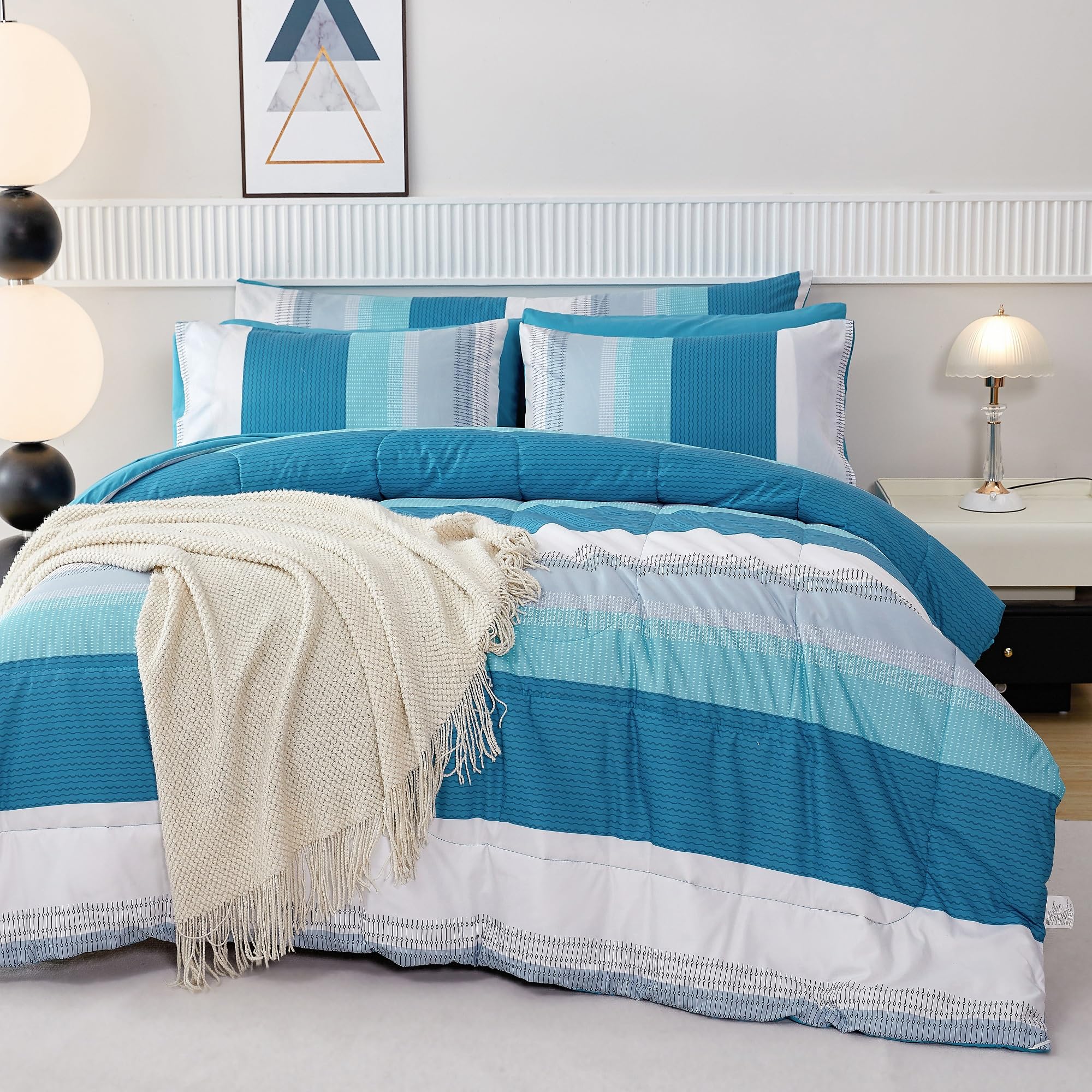 Amazon.com: RYNGHIPY 8 Pieces Teal Grey Full Bed Comforter Sets, Soft ...