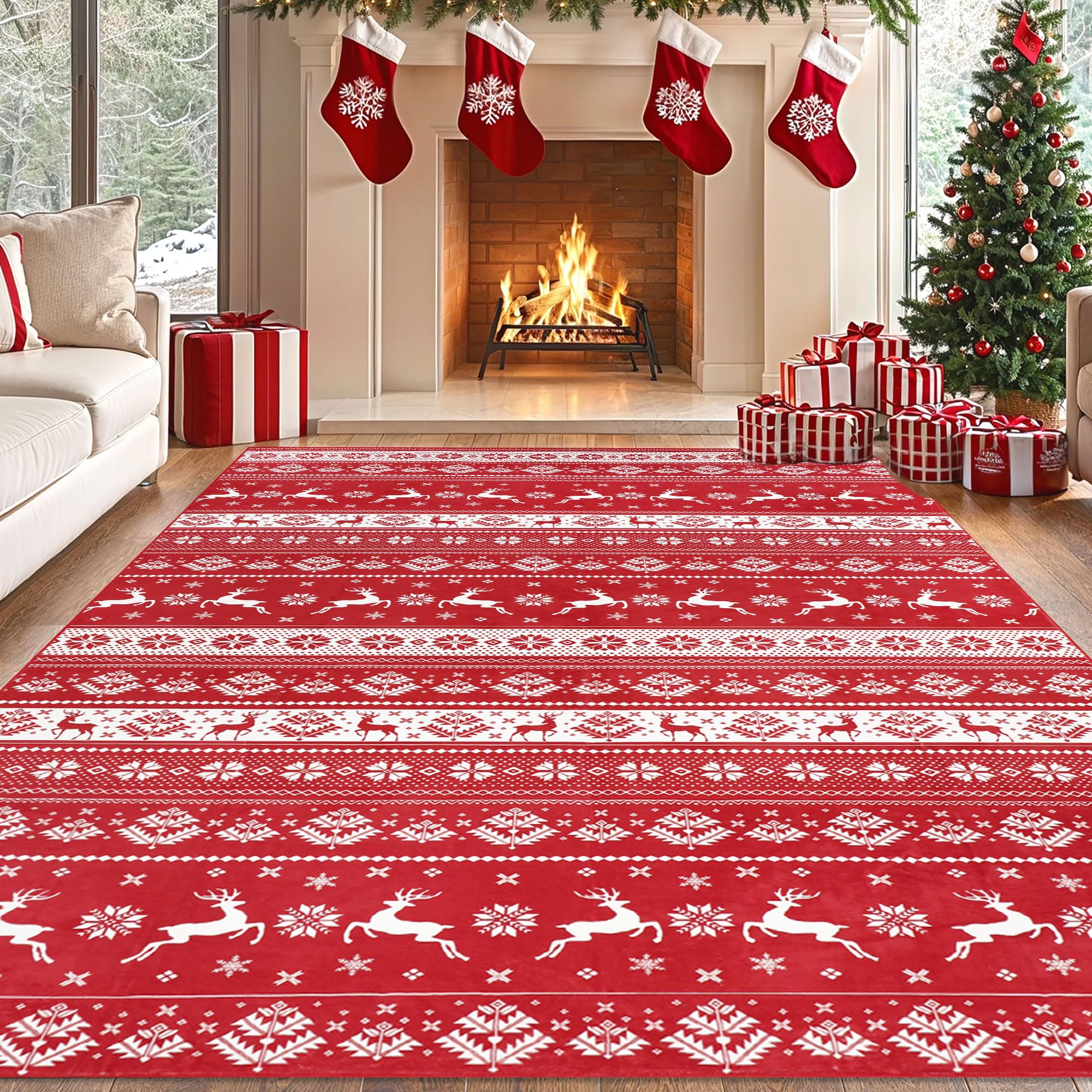 Homcomoda Christmas Area Rug 8x10 Clearance Red Washable Rugs for ...