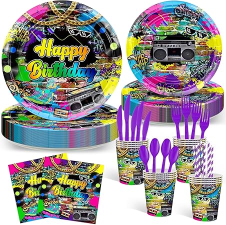 Amazon.com: Avezano 192 Pcs 80’s Party Tableware Set 80s Birthday Hip ...