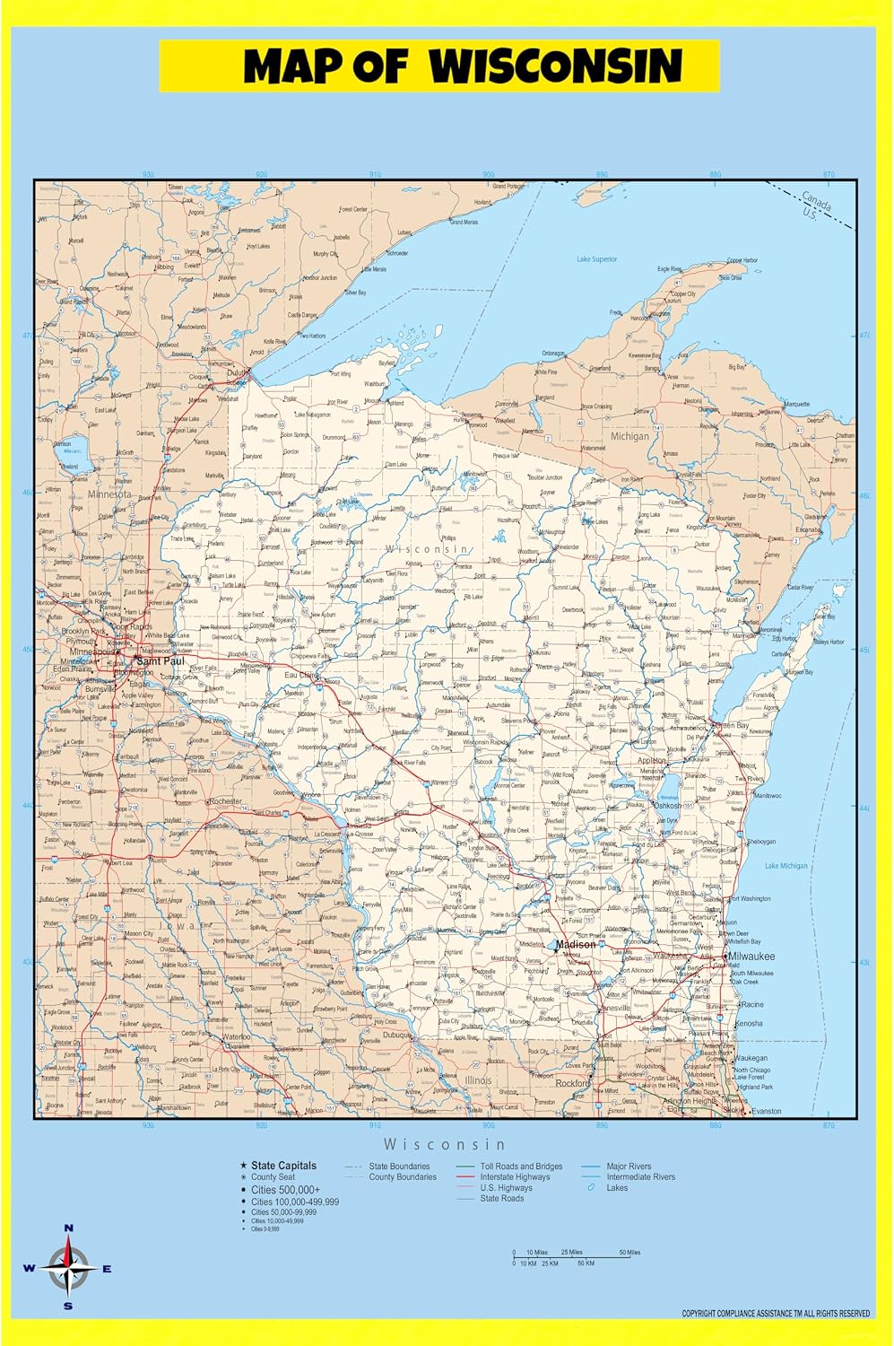 Amazon.com - Map Of Wisconsin Style D - 36x54 - Laminated Map Poster ...