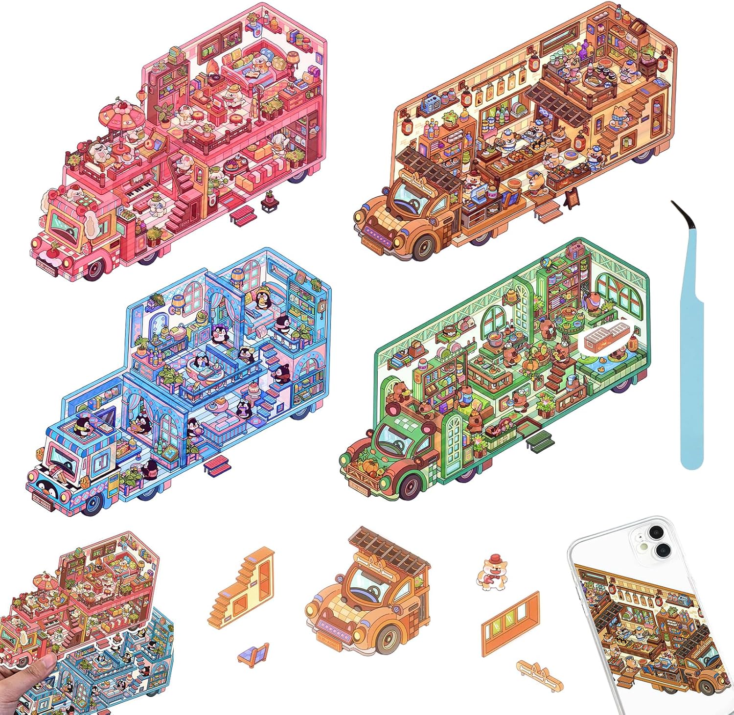 Amazon.com: 4 Sets DIY 3D House Car Stickers, Fun 3D Touring Car Scene ...
