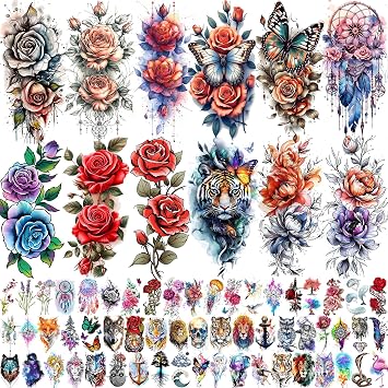 Amazon.com : 69 Sheets Watercolor 3D Rose Flowers Temporary Tattoos For ...