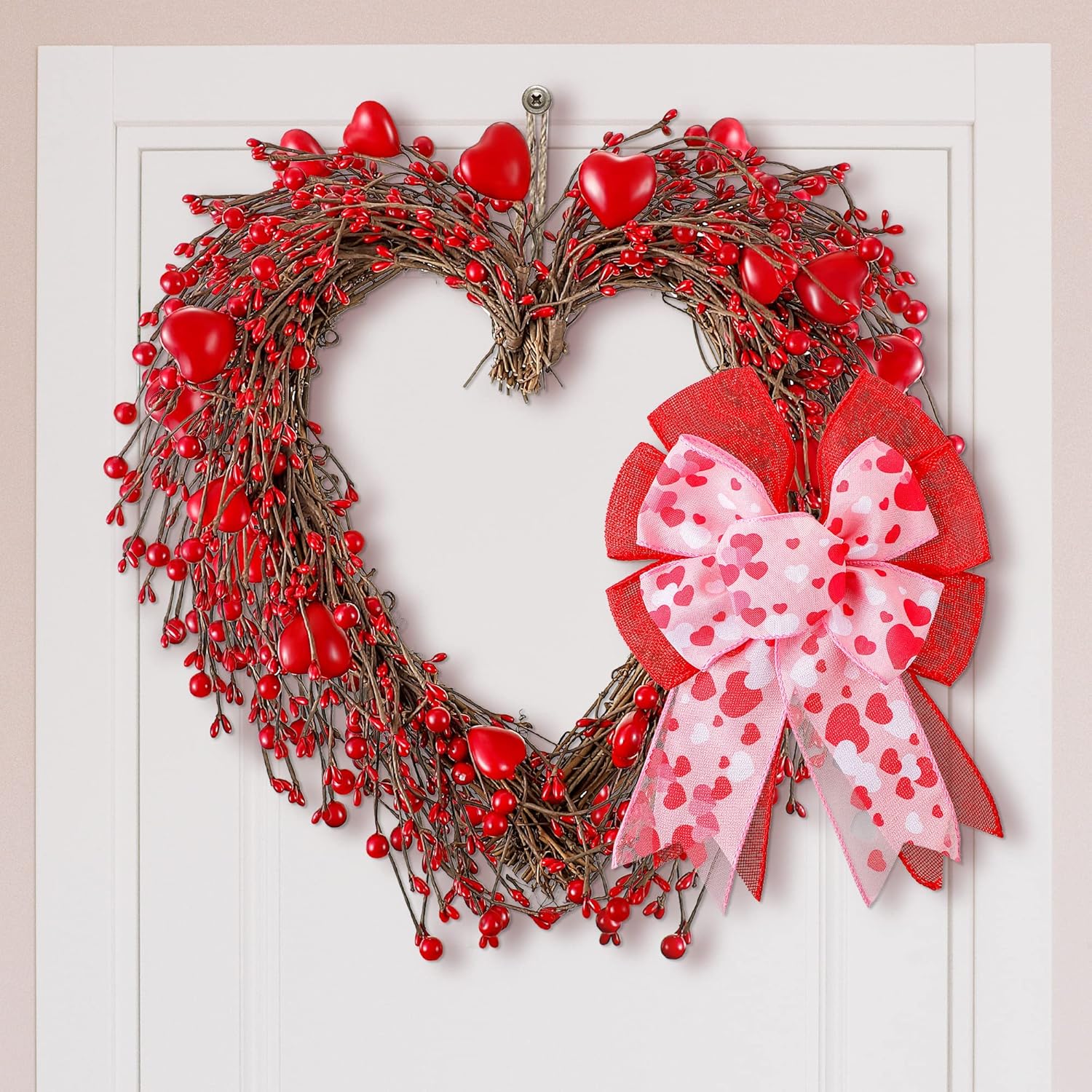 Amazon.com: Valentines Heart Wreath with Handmade Red Heart Bow ...