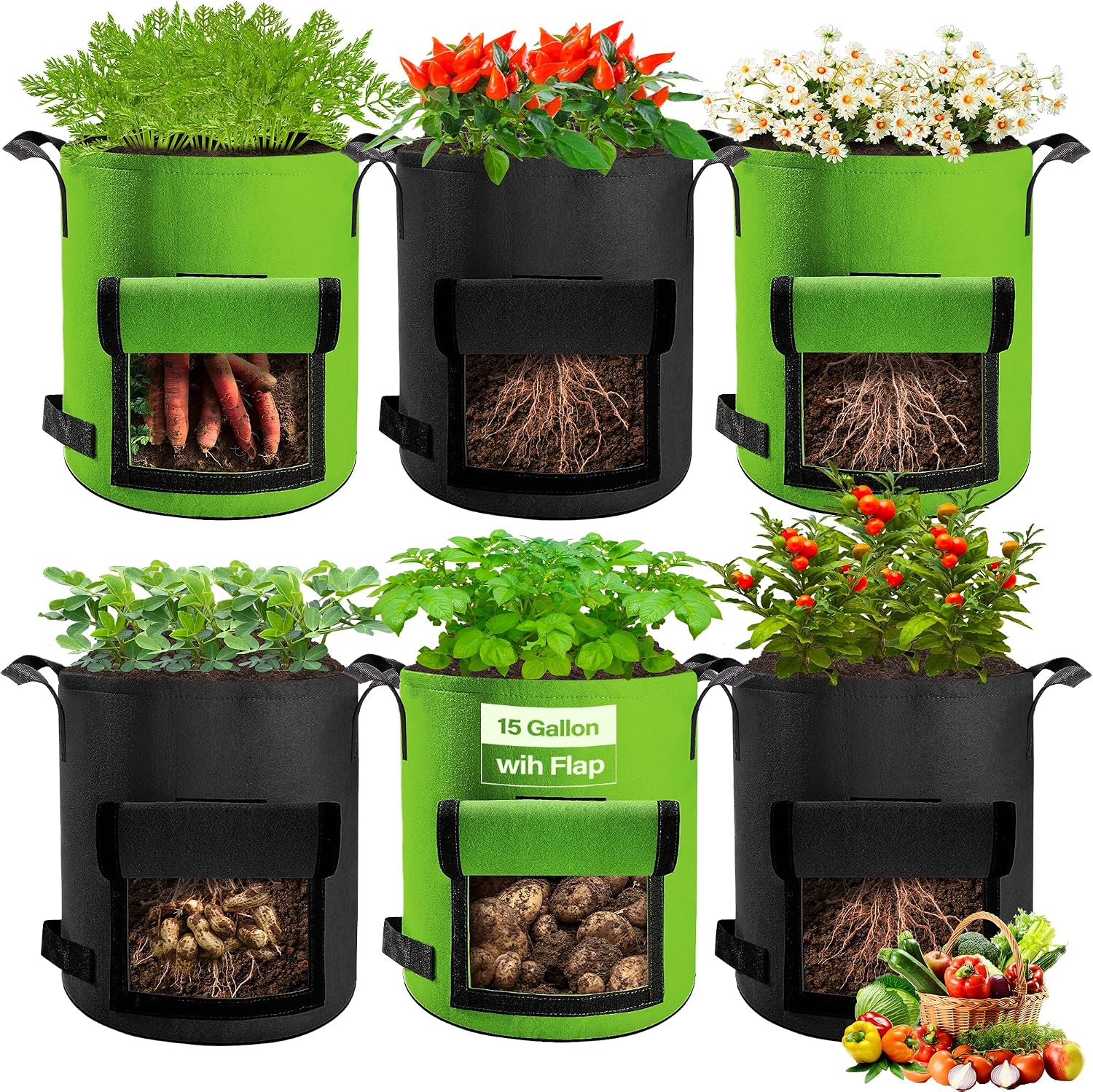 Xpatee 6 Pack Potato Grow Bags 15 Gallon with Flap, Grow Bags for ...
