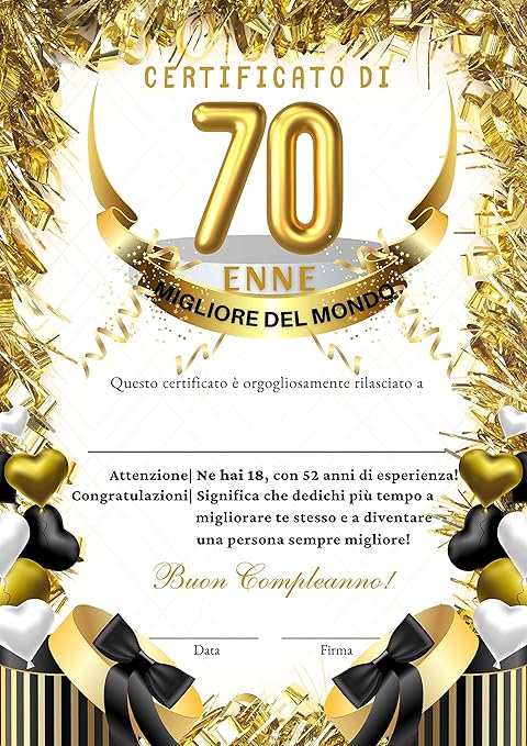 Certificato Miglior 70 ENNE del Mondo, Idea Regalo Originale 70 Anni di ...