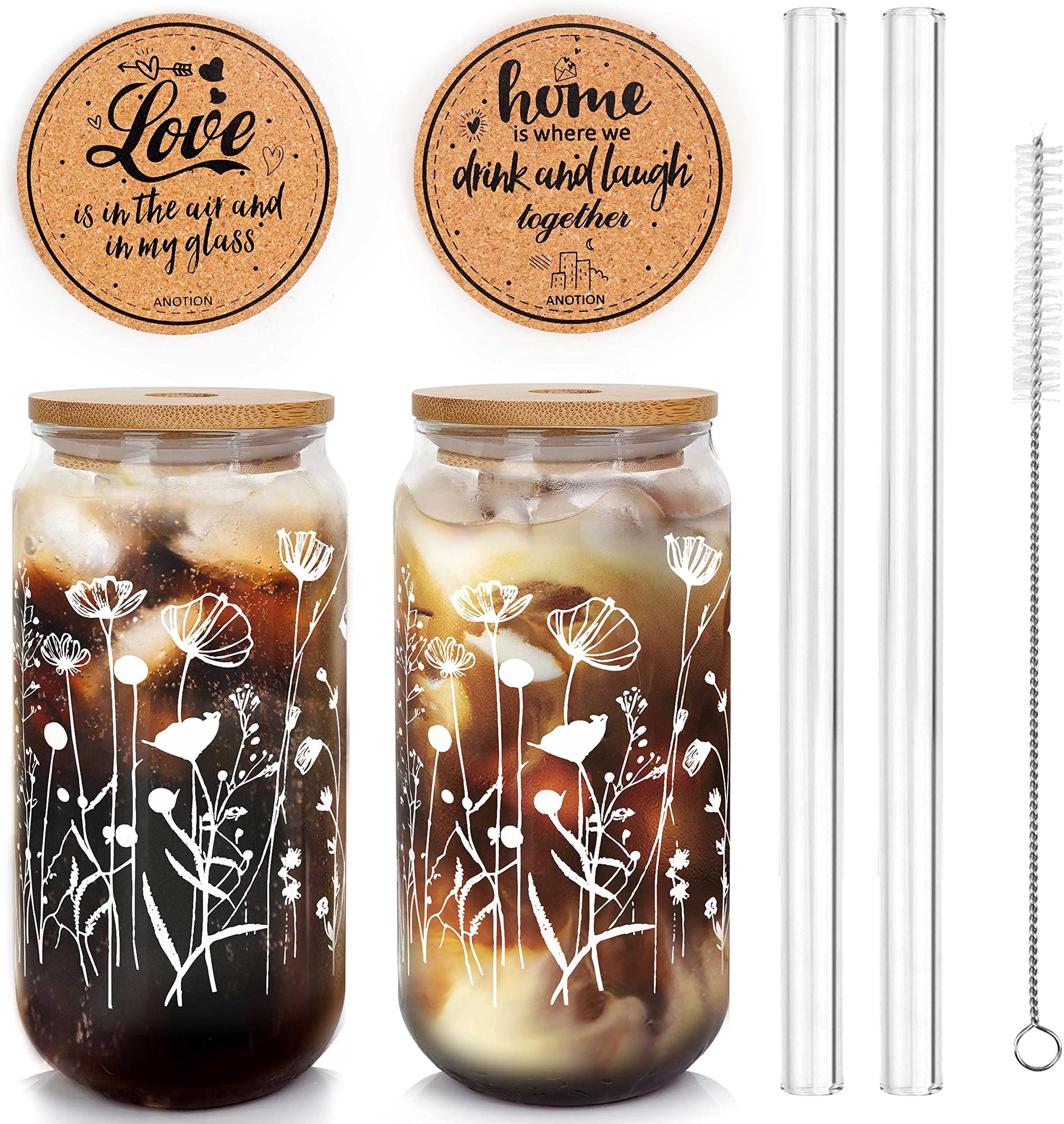 Amazon.com: Didaey 4 Set Floral Glass Cups with Bamboo Lids and Straws ...
