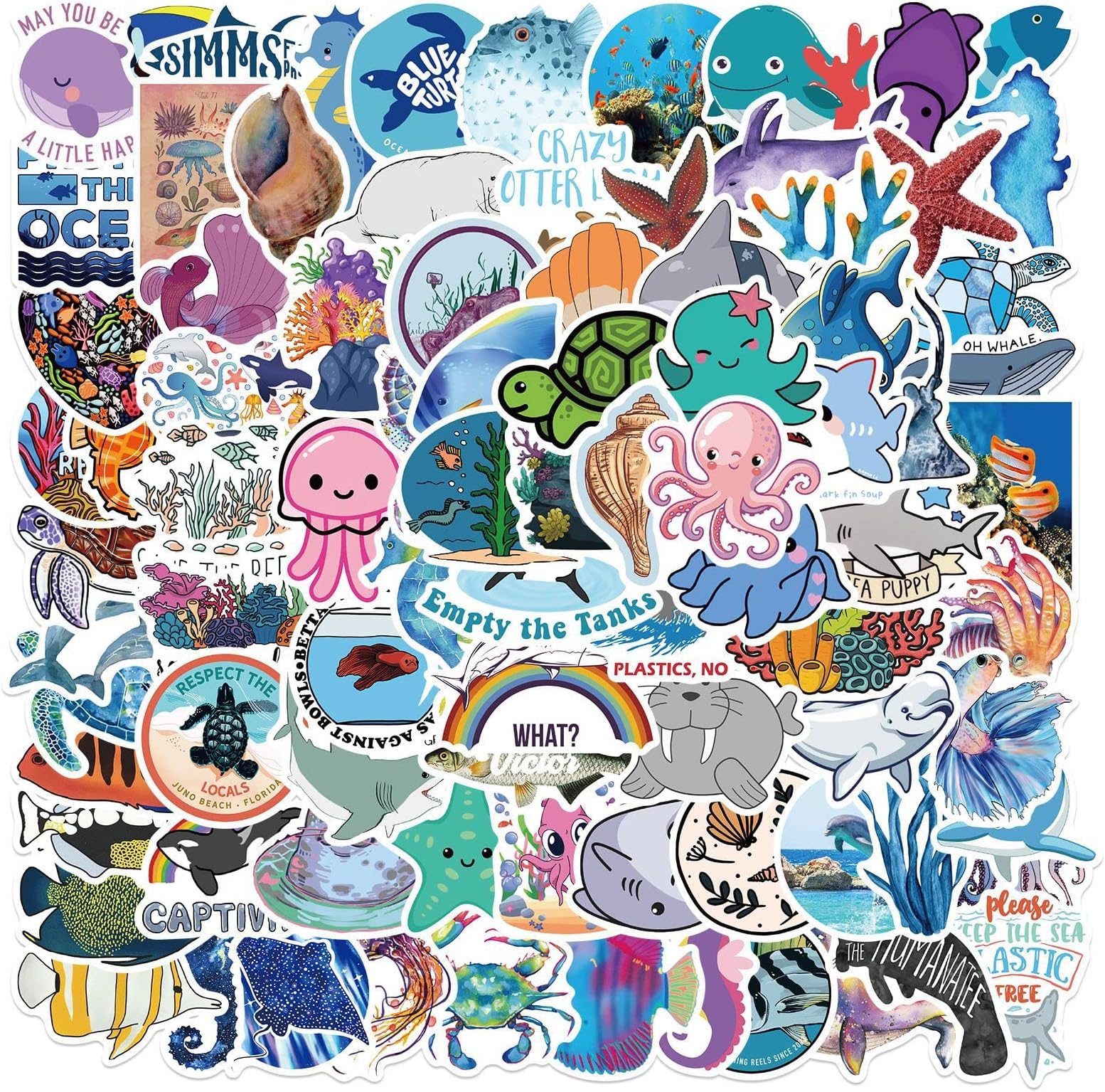 Amazon.com: Ocean Animals Stickers 100 Pcs Marine Organism Waterproof ...