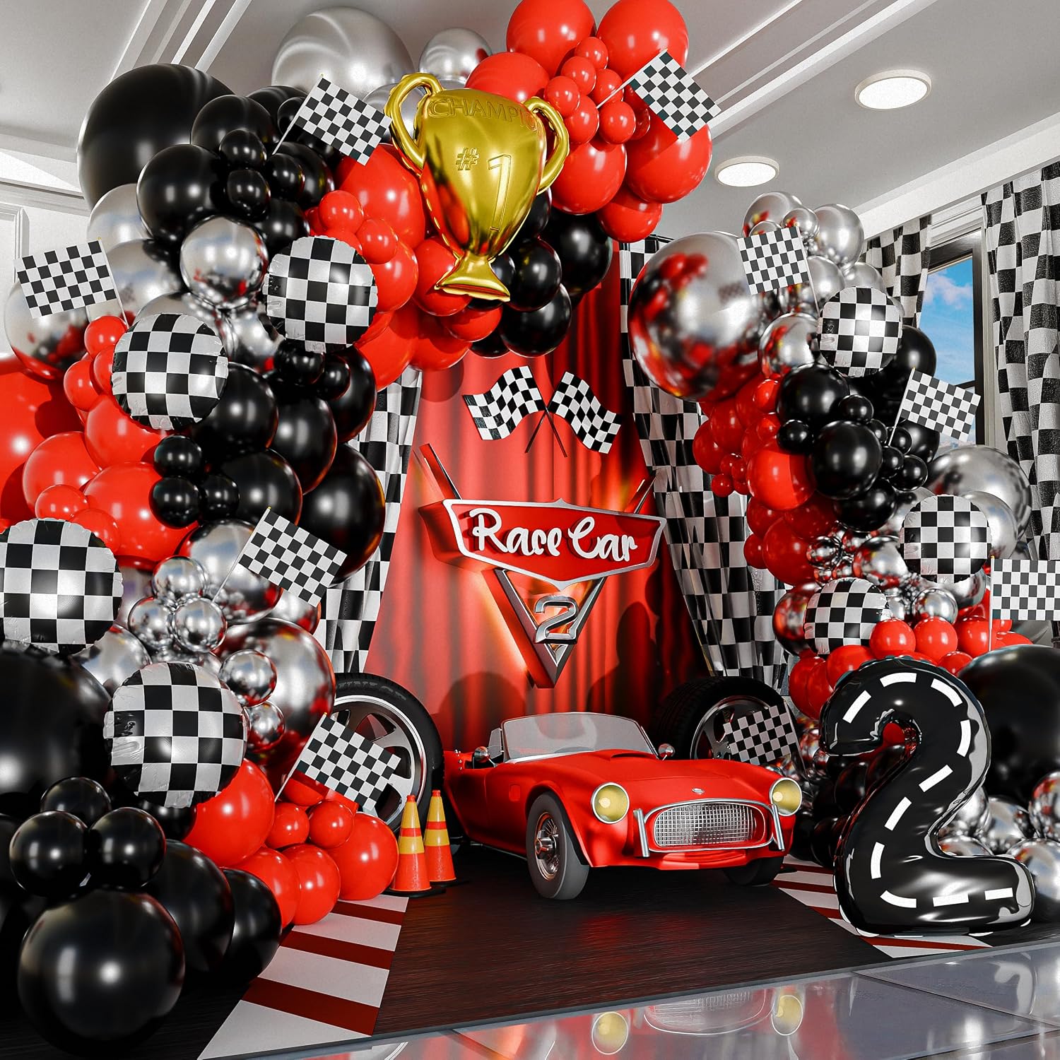 Amazon.com: ALL-IN-1 Race Car Balloon Arch Kit with BONUS Trophy ...