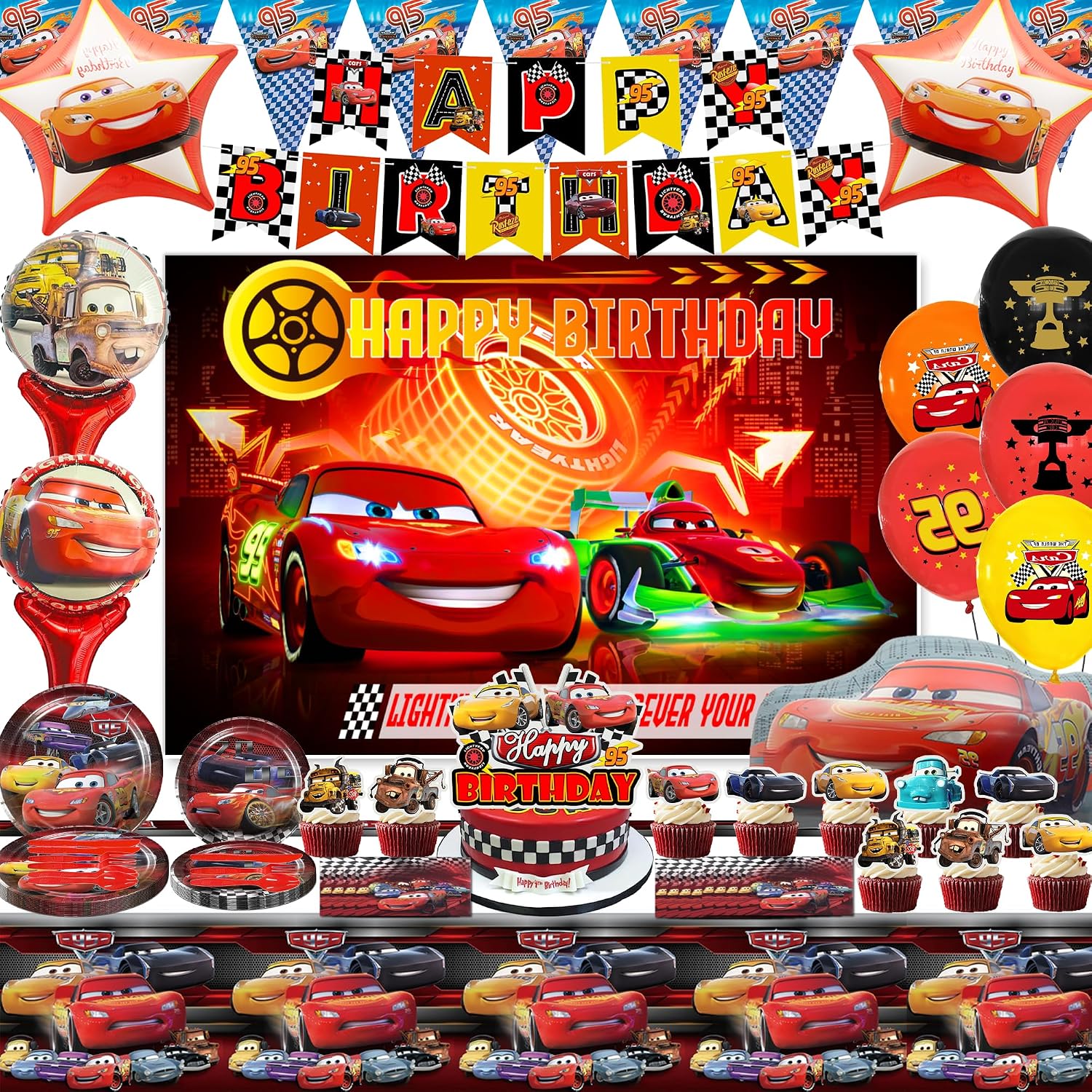 Amazon.com: 133Pcs Lightning Mc Queen Birthday Decorations with Banner ...