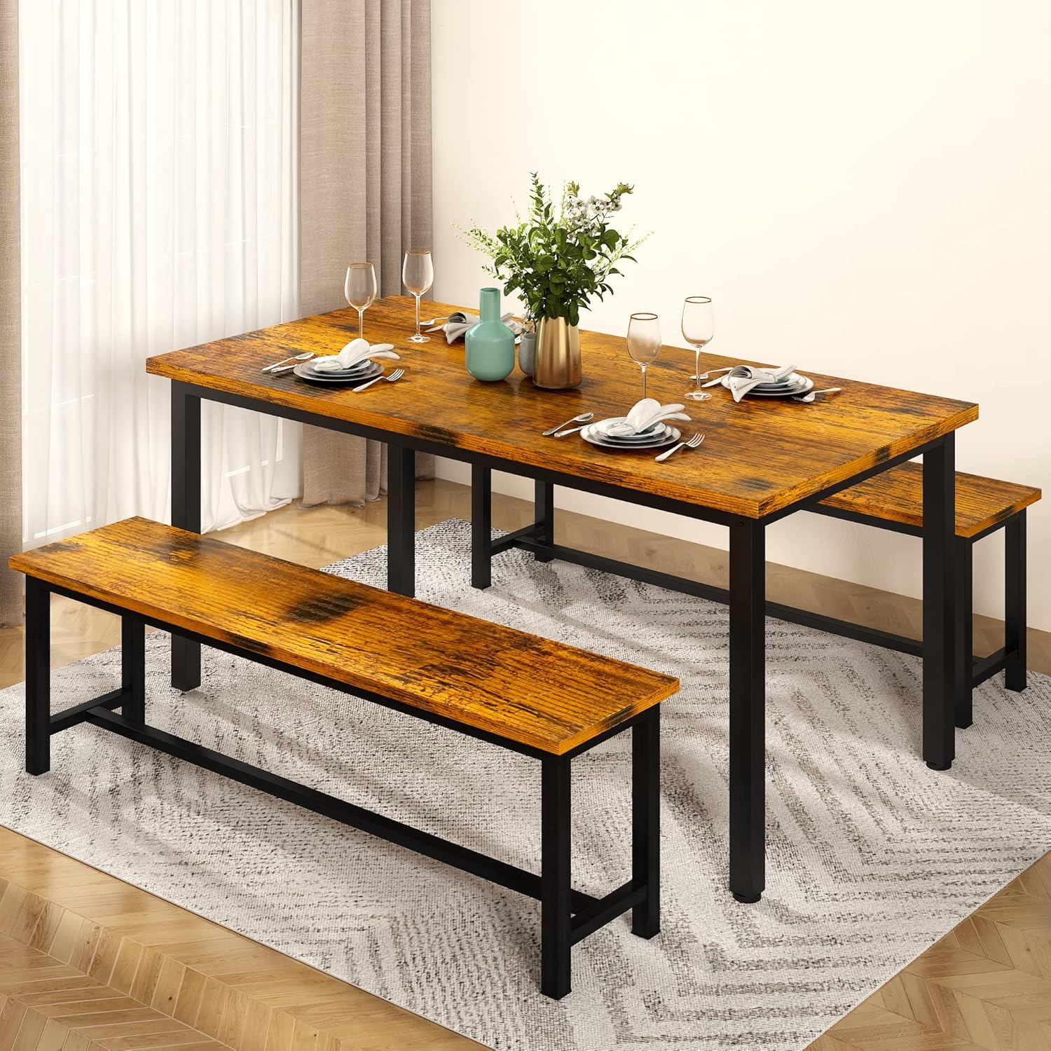 Amazon.com - AWQM Dining Table Set with Two Benches, Kitchen Table Set ...