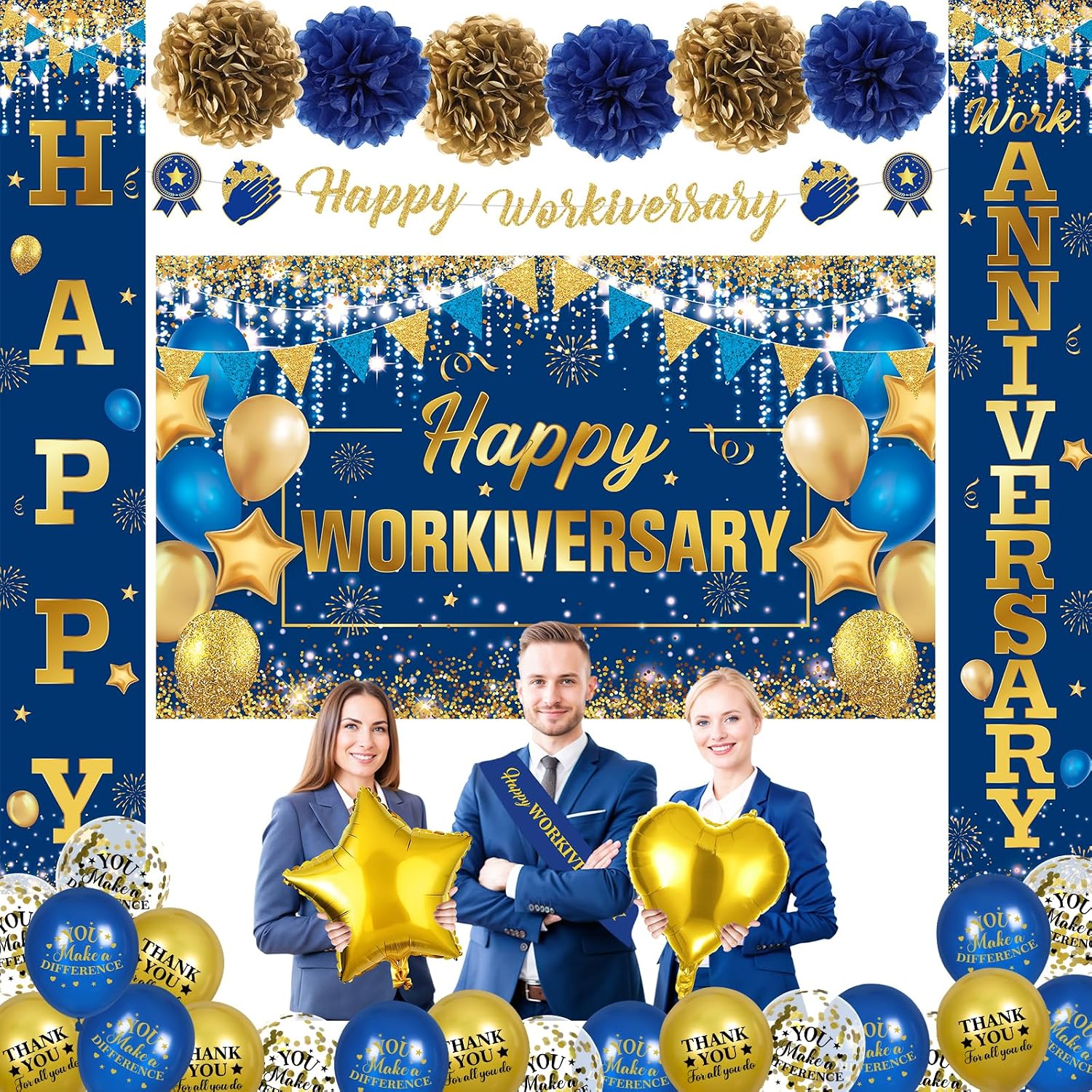 Amazon.com: Blue Happy Work Anniversary Decorations Navy Blue Gold ...