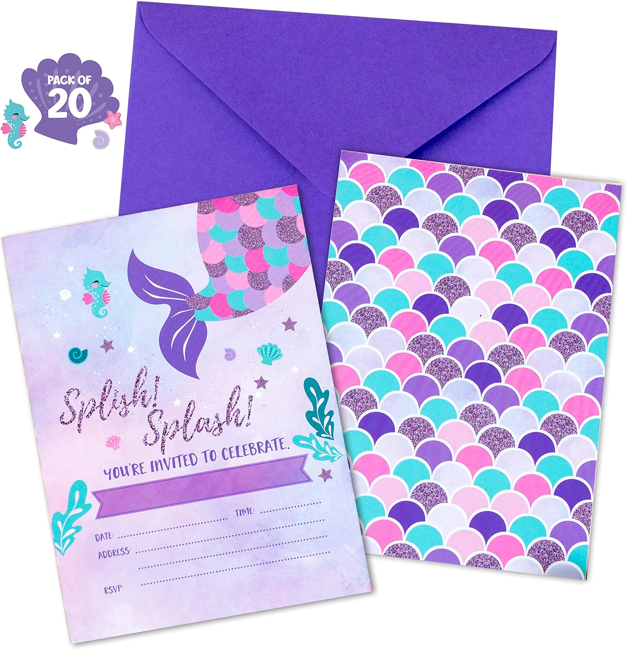 Amazon.com : PerKoop Mermaid Themed Birthday Party Invitations - Set of ...