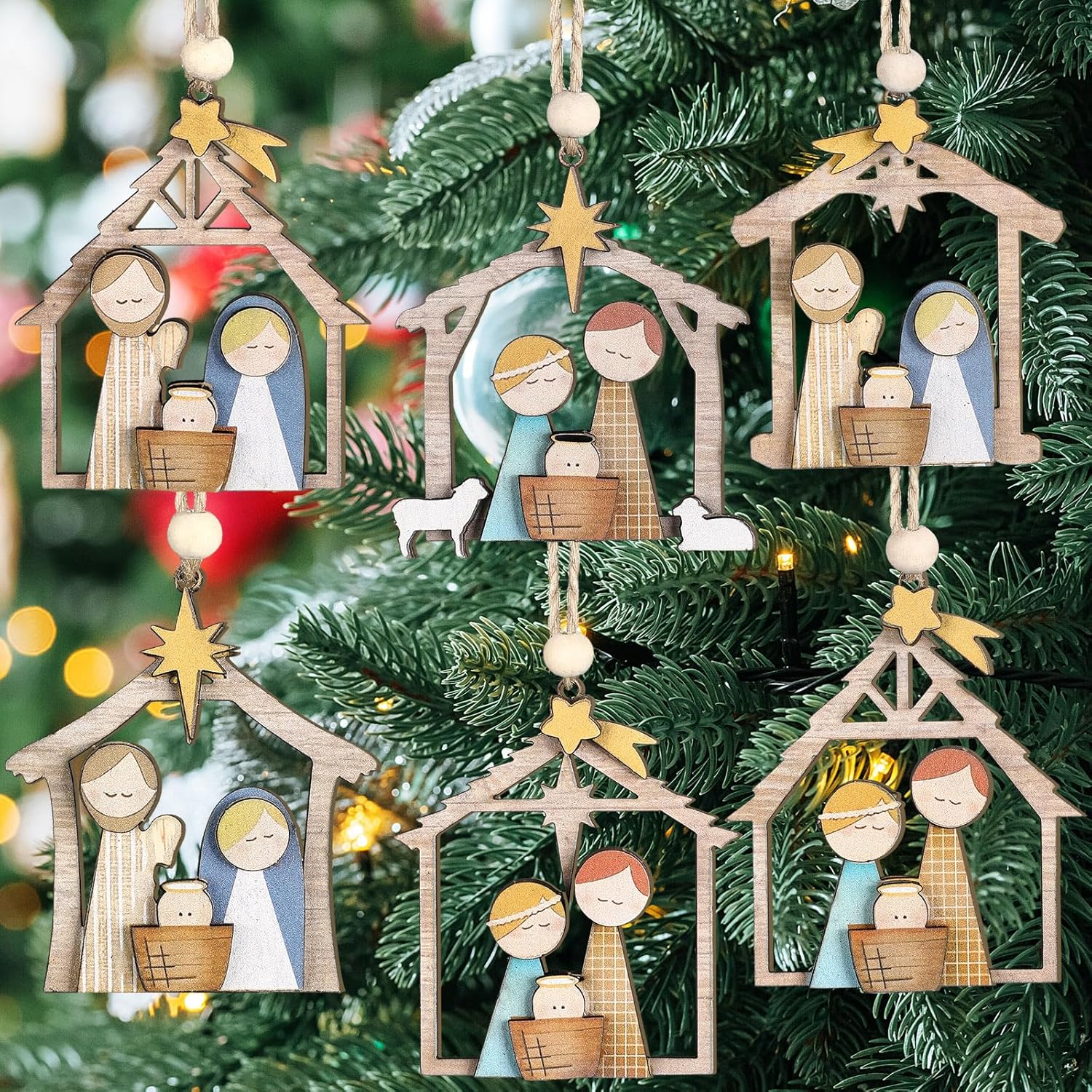 Amazon.com: Gerrii 6 Pcs Christmas Nativity Ornaments Wooden Farmhouse ...