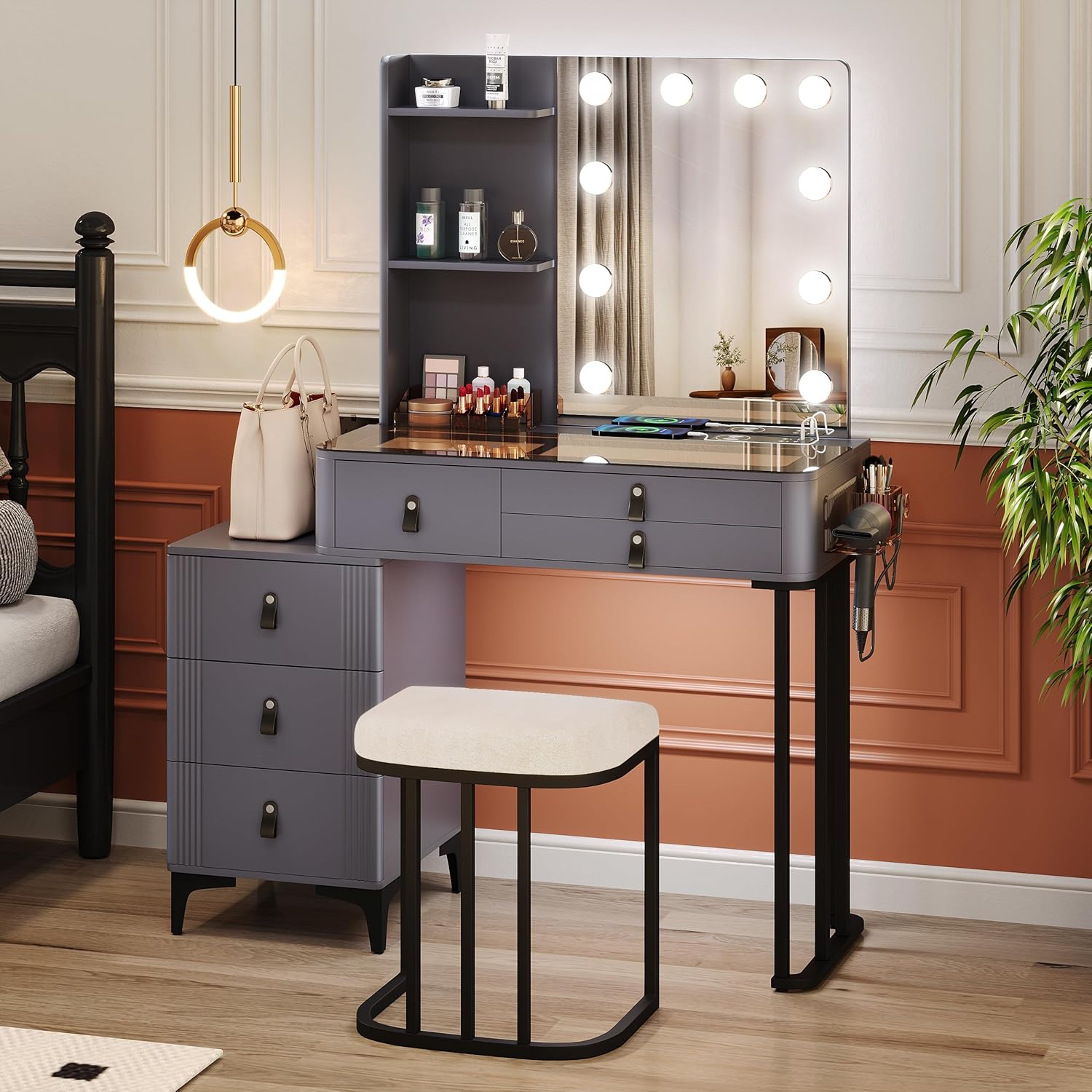 Amazon.com: HWB Makeup Vanity Table with Charging Station: Vanity Desk ...