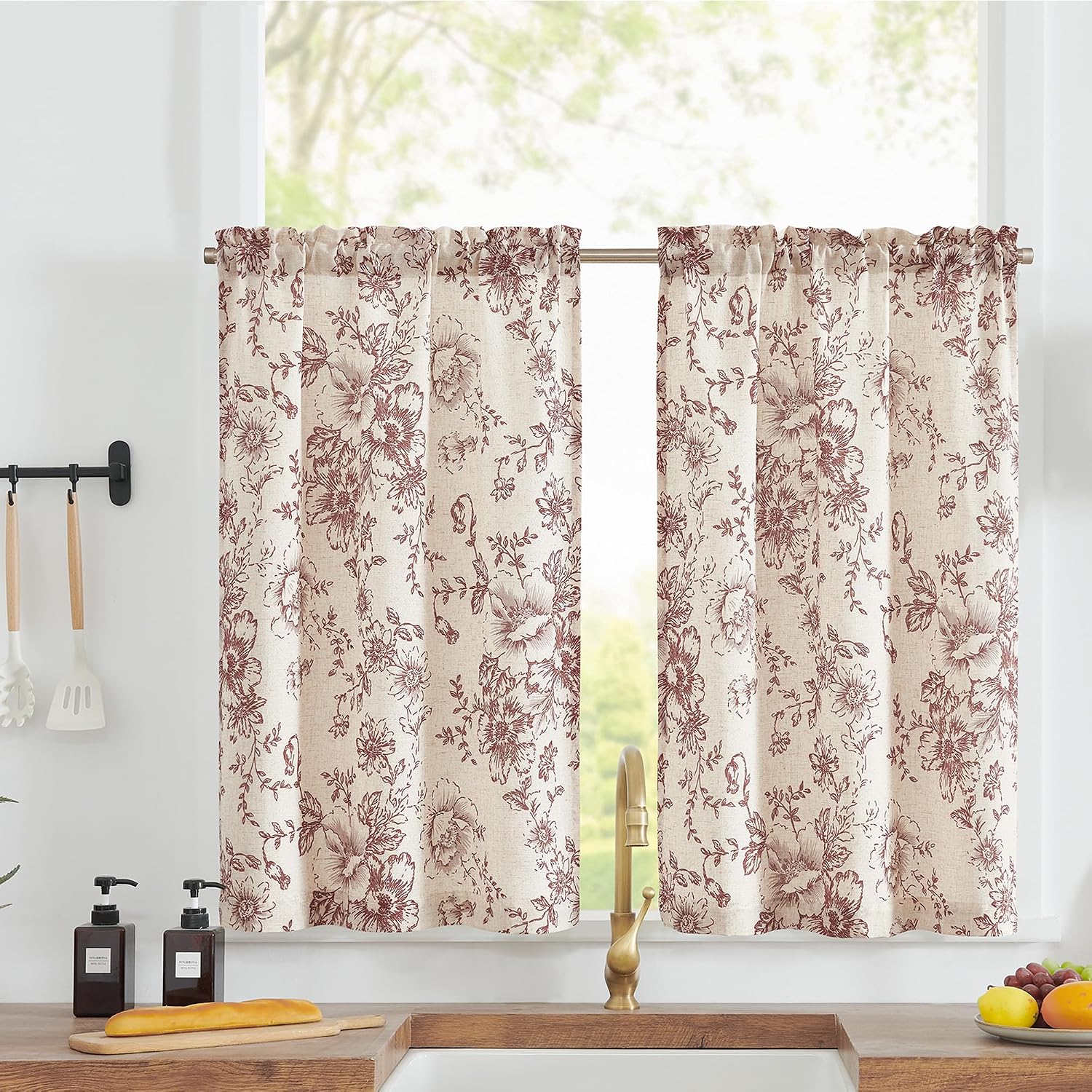 Amazon.com: jinchan Floral Kitchen Curtains Linen Tier Curtains Brick ...