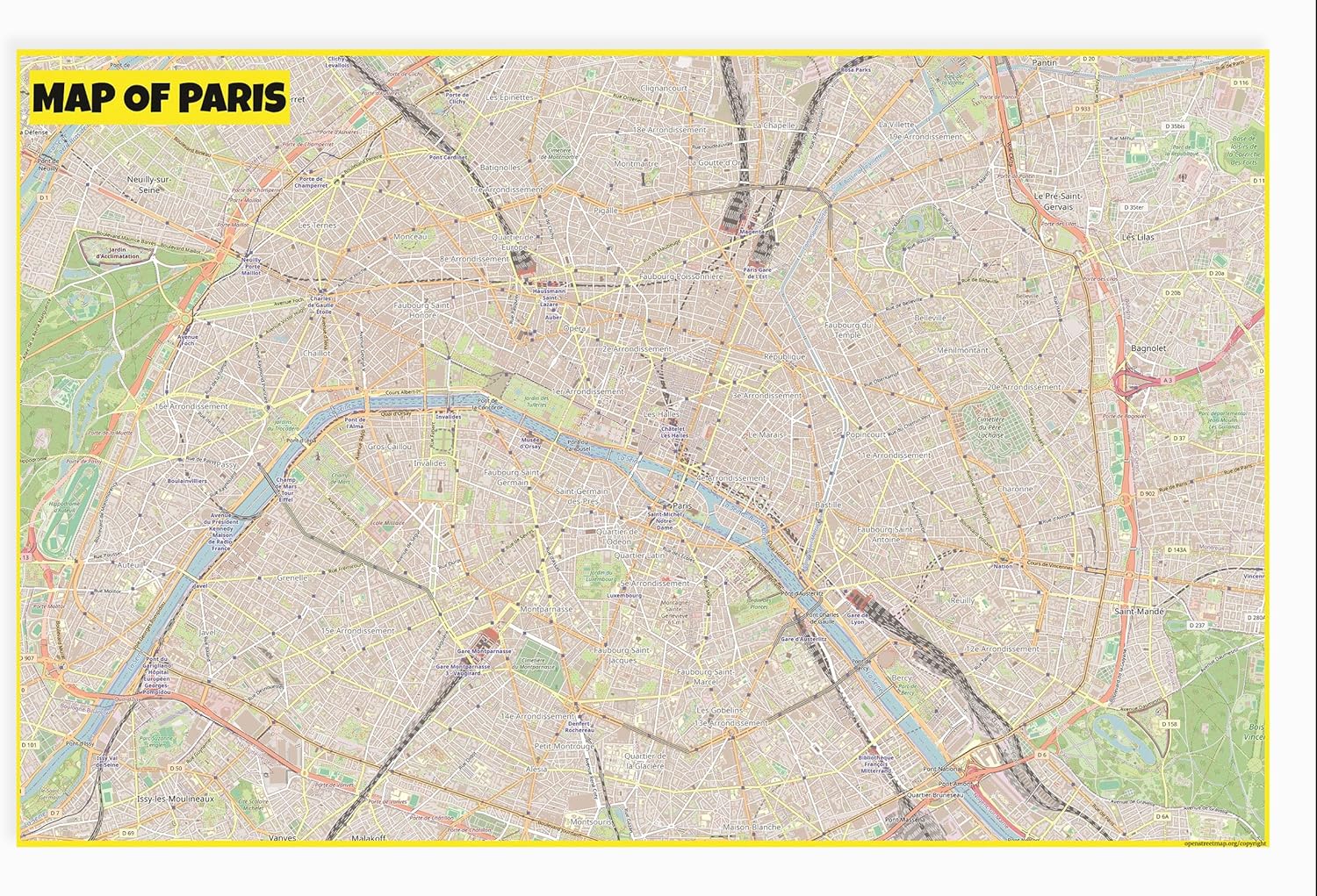 Amazon.com: 24x36 - Map of Paris with Neighborhoods, Streets, Roads ...