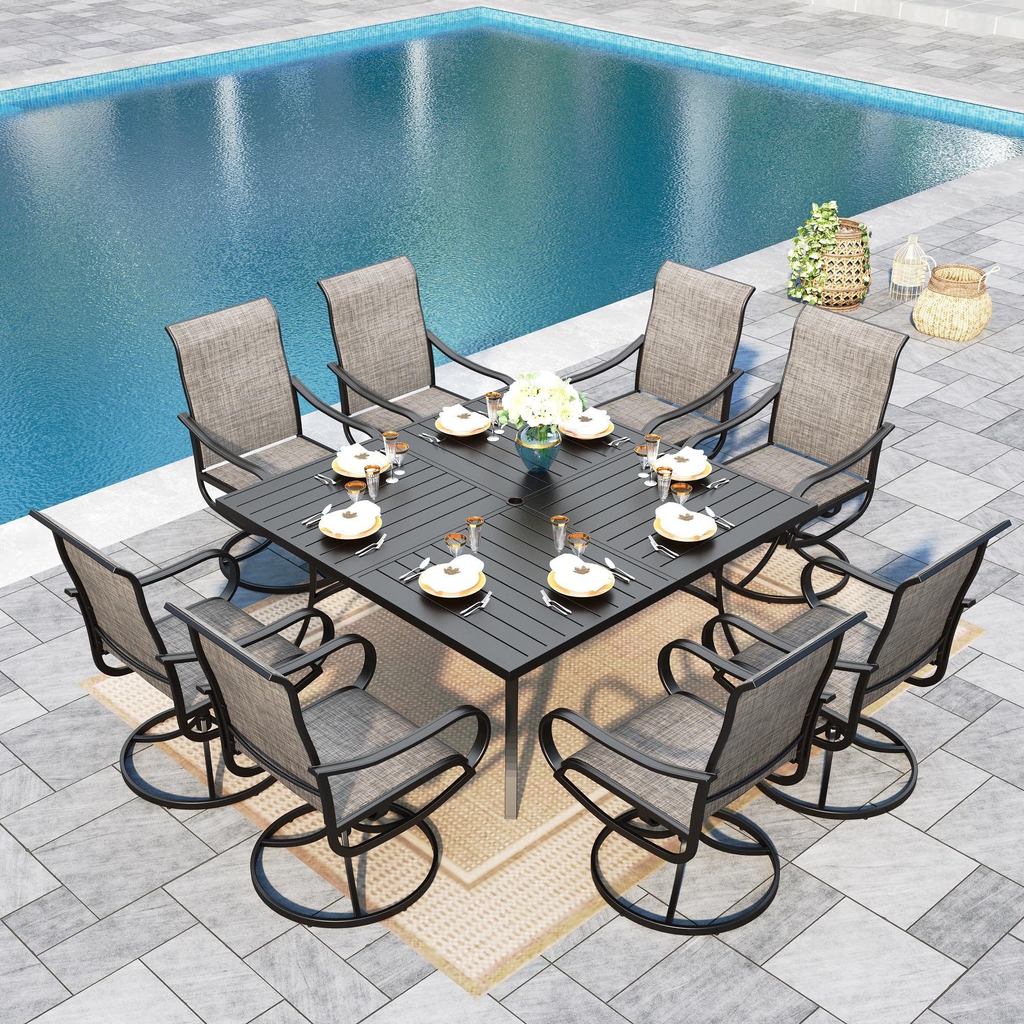 Amazon.com: PHI VILLA 9 Pcs Patio Dining Set with Large Square Metal ...