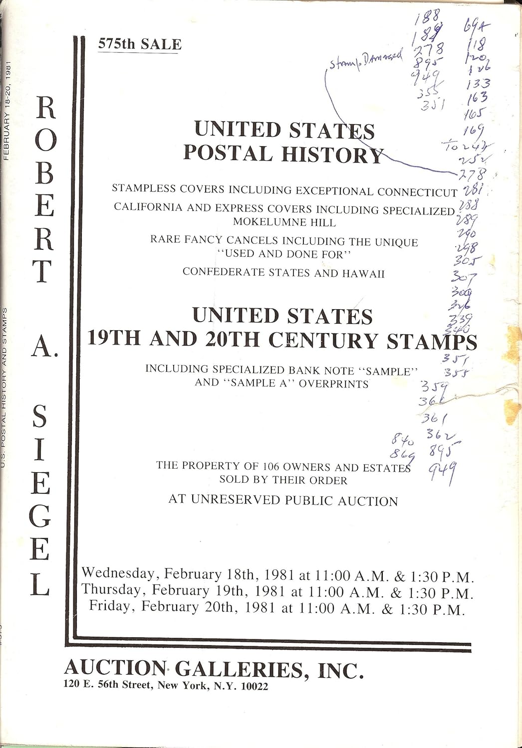 United States Postal History (Stamp Auction Catalog) (Robert A. Siegel ...