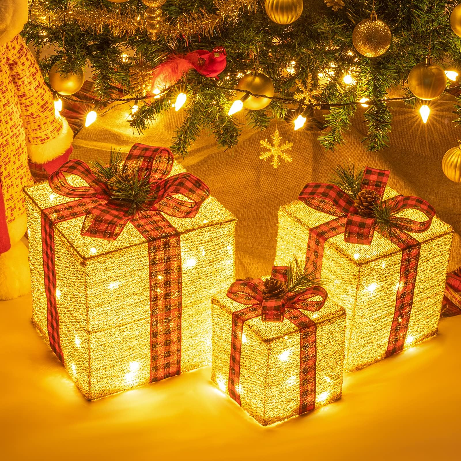 Amazon.com: Set of 3 Lighted Red and Gold Gift Boxes Christmas Outdoor ...