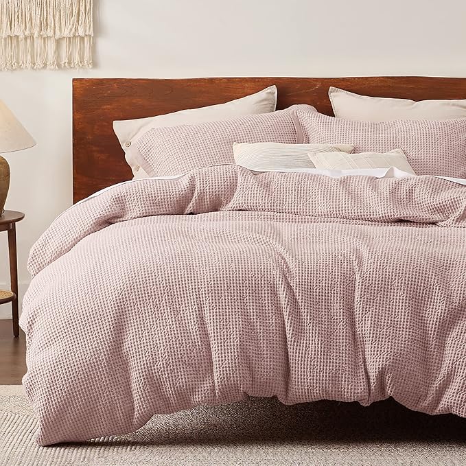 Bedsure Cotton Duvet Cover Queen - 100% Cotton Waffle Weave Pink Duvet ...