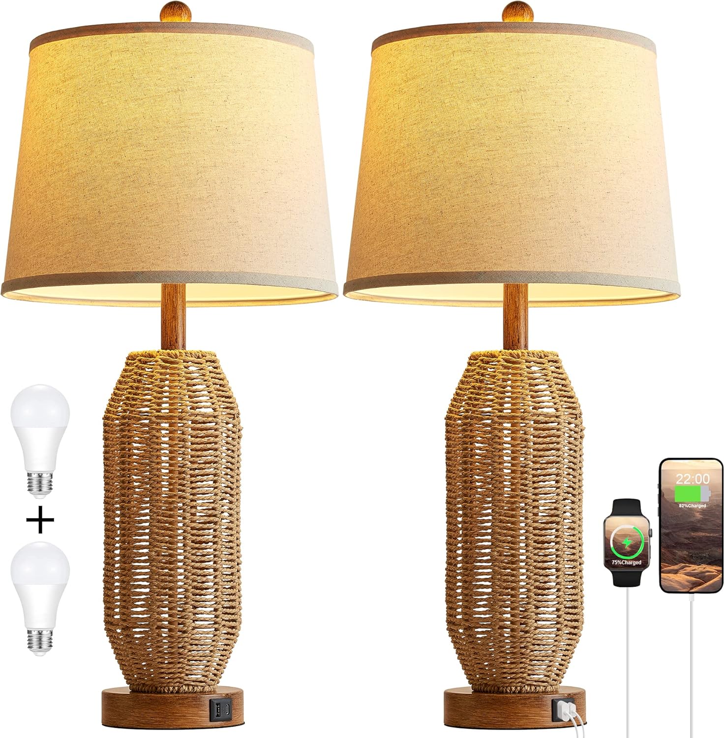 Ireliare Rattan Table Lamps for Bedrooms Set of 2, Touch Lamps for ...