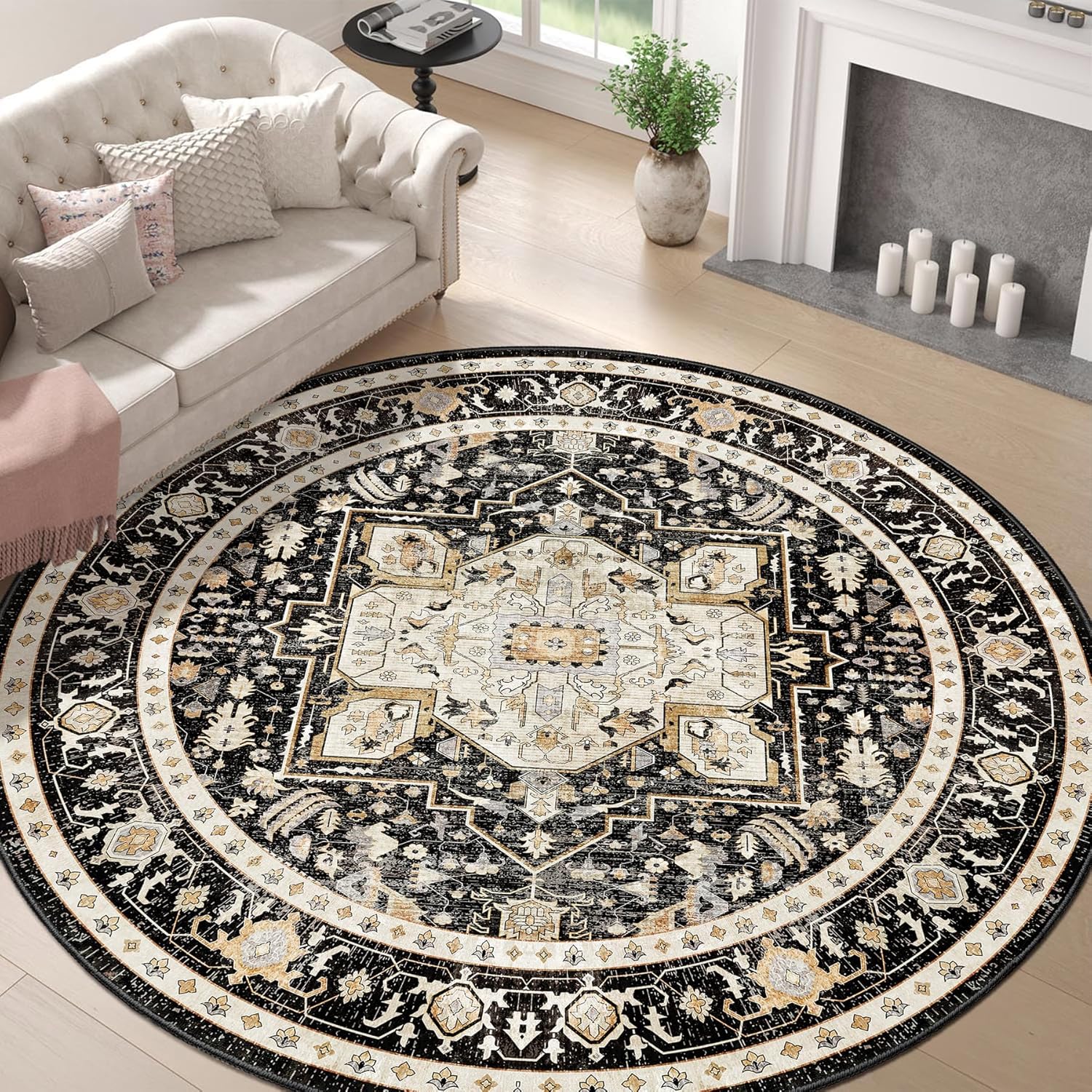 Amazon.com: MUJOO Round Rugs 9ft,Black Circle Area Rug Washable,Boho ...