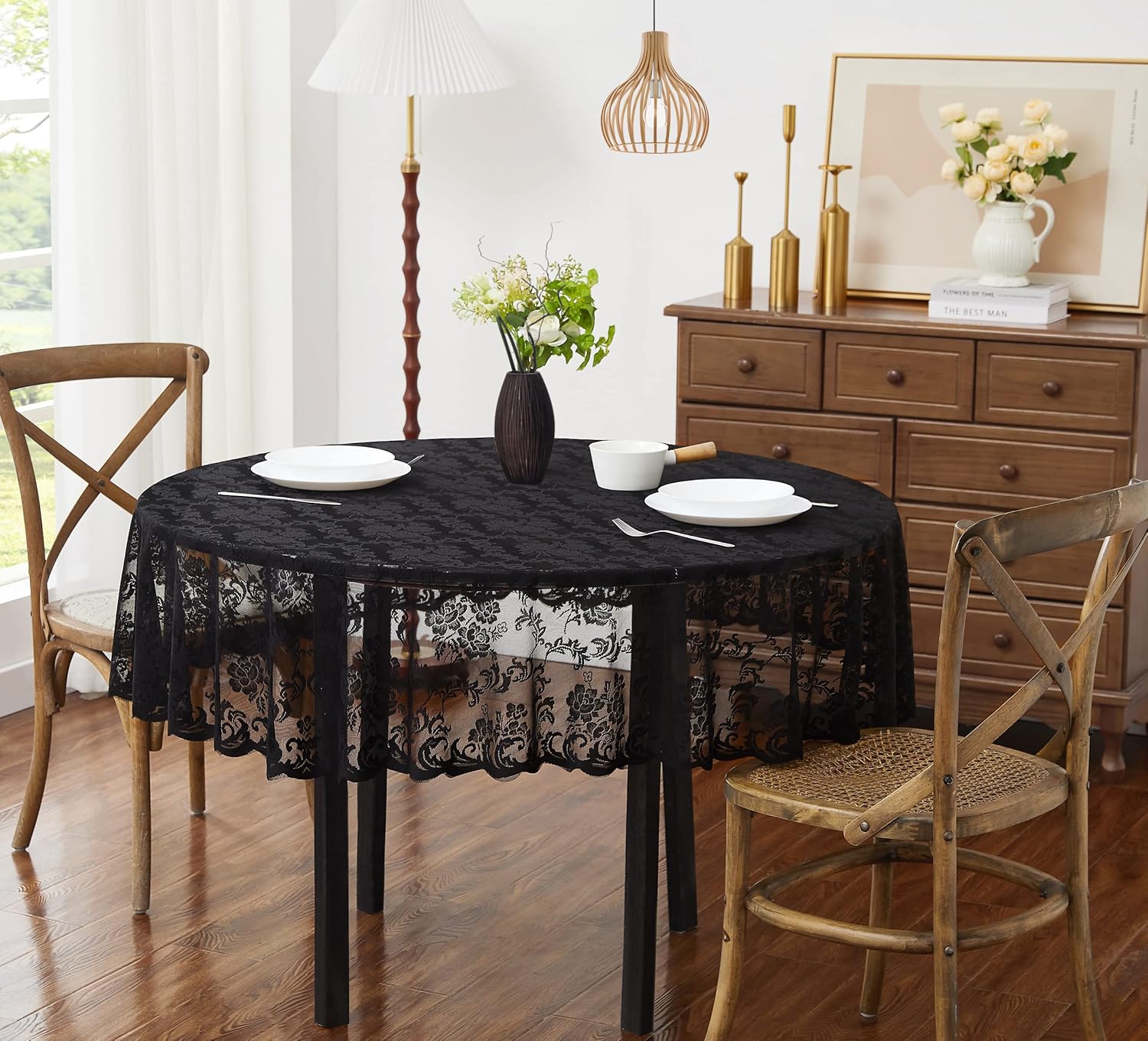 ASATEX 70 Inch Black Round Lace Tablecloth. Classic Stylish Floral ...