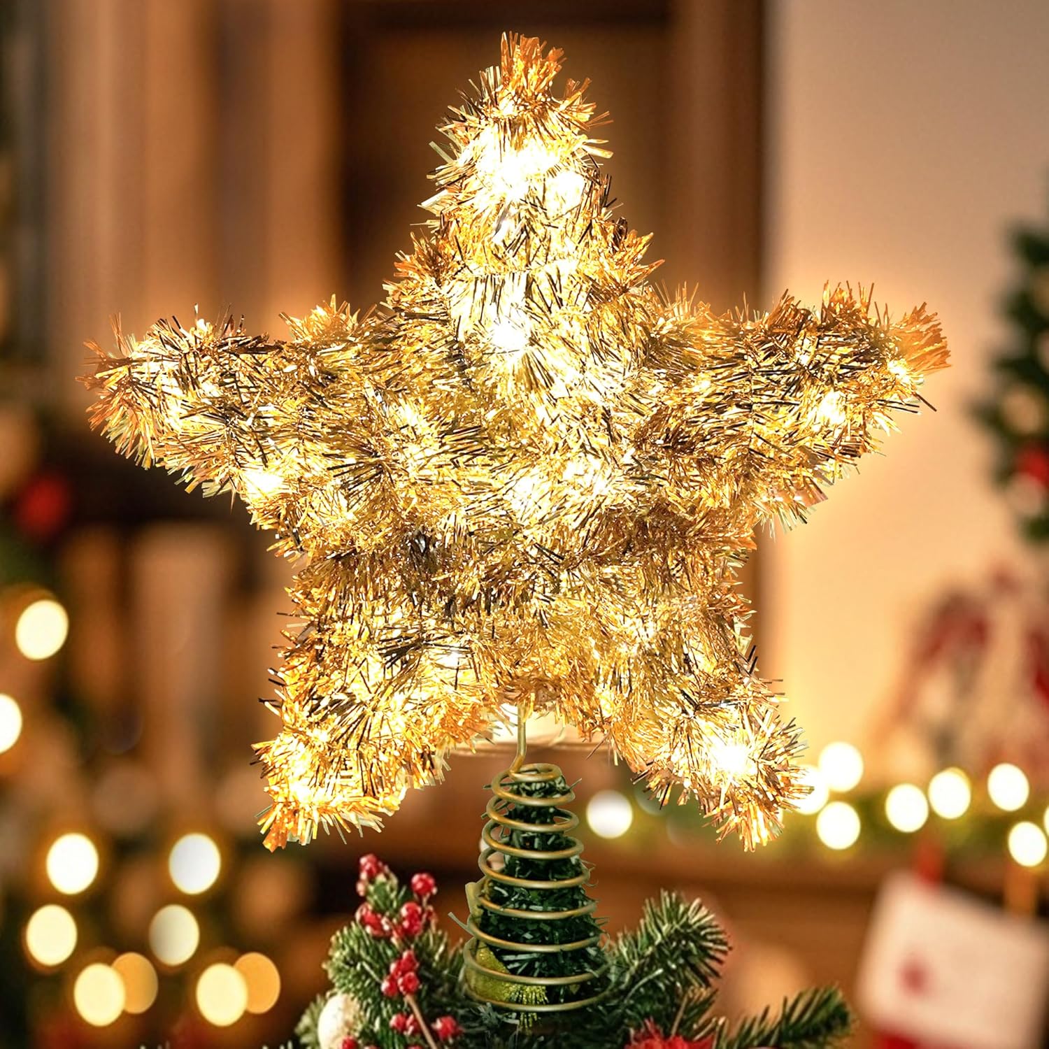 Amazon.com: Joytry Christmas Tree Topper Star Shiny Gold Tinsel Star ...