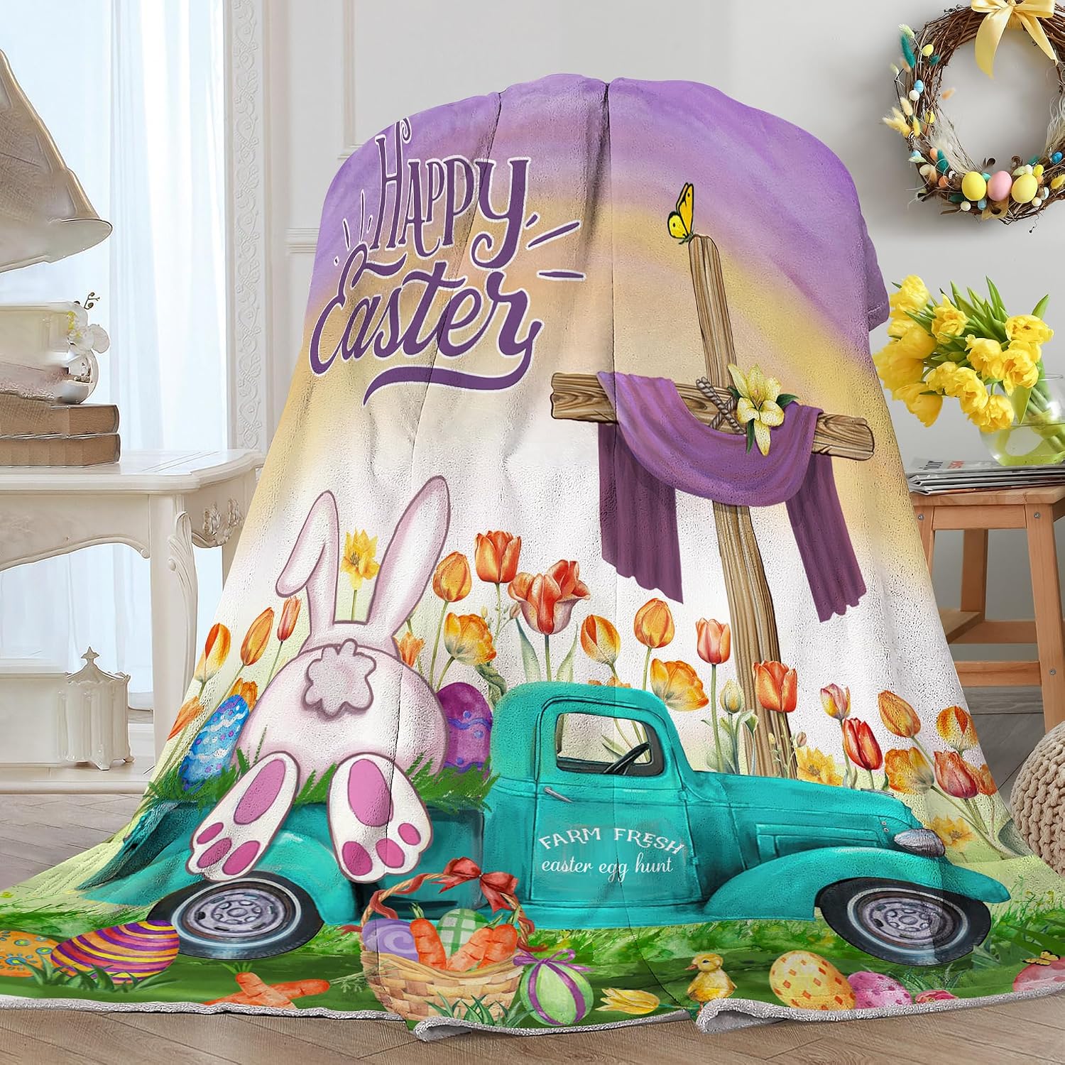 Amazon.com: Hexagram Easter Blanket, Easter Decor, Bunny Truck Flannel ...