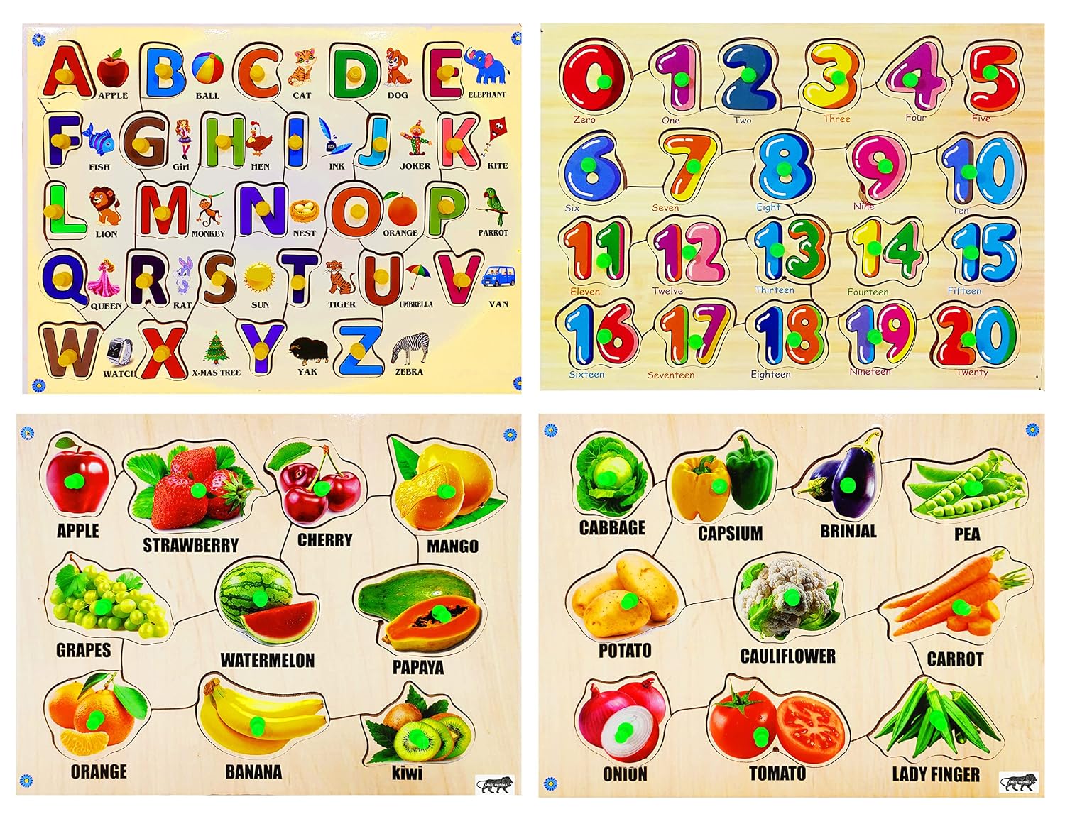 JOHNNIE BOY Set of 4 Educational Learning Wooden Puzzle Board Tray with ...