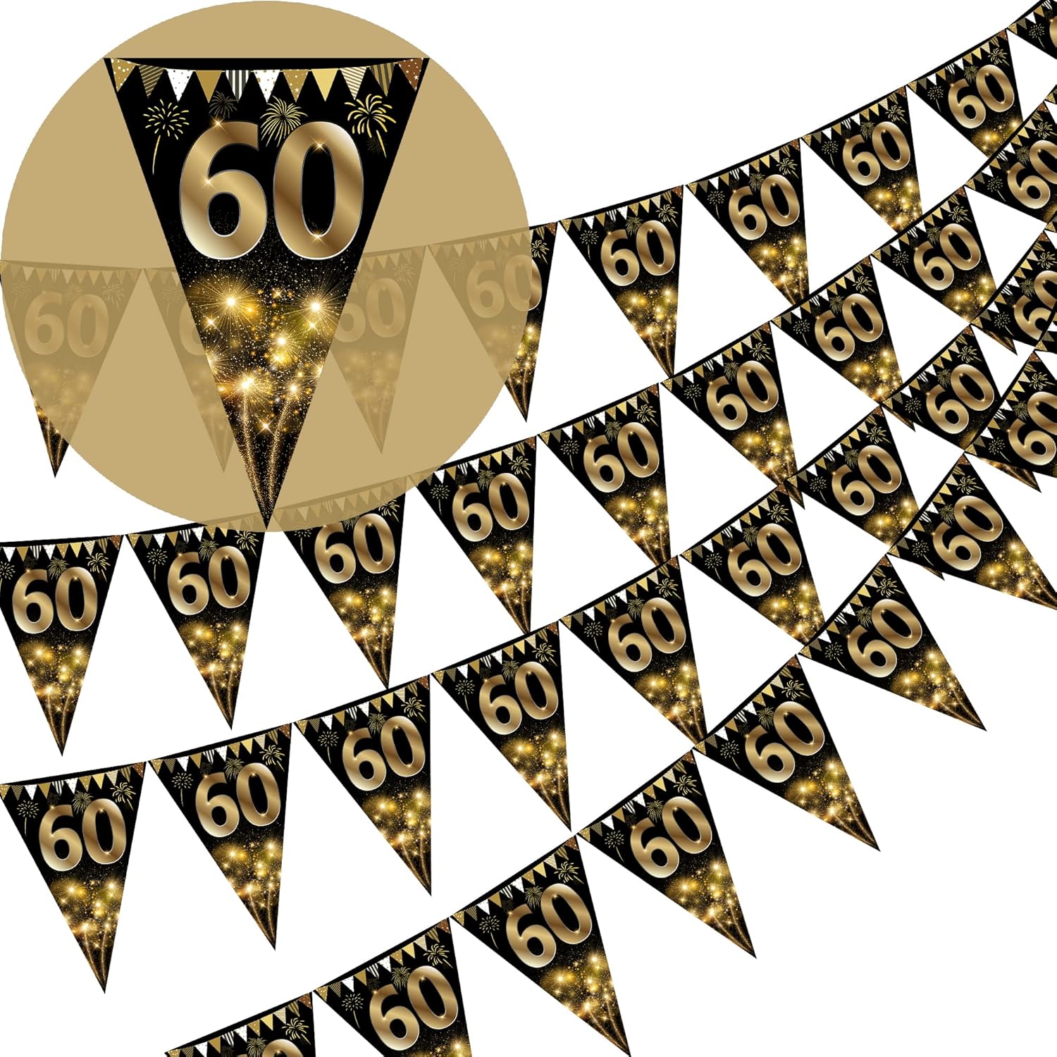 40Pcs Happy 60th Birthday Banner Bunting Flags Gold and Black Glitter ...