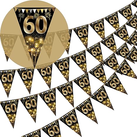 40Pcs Happy 60th Birthday Banner Bunting Flags Gold and Black Glitter ...