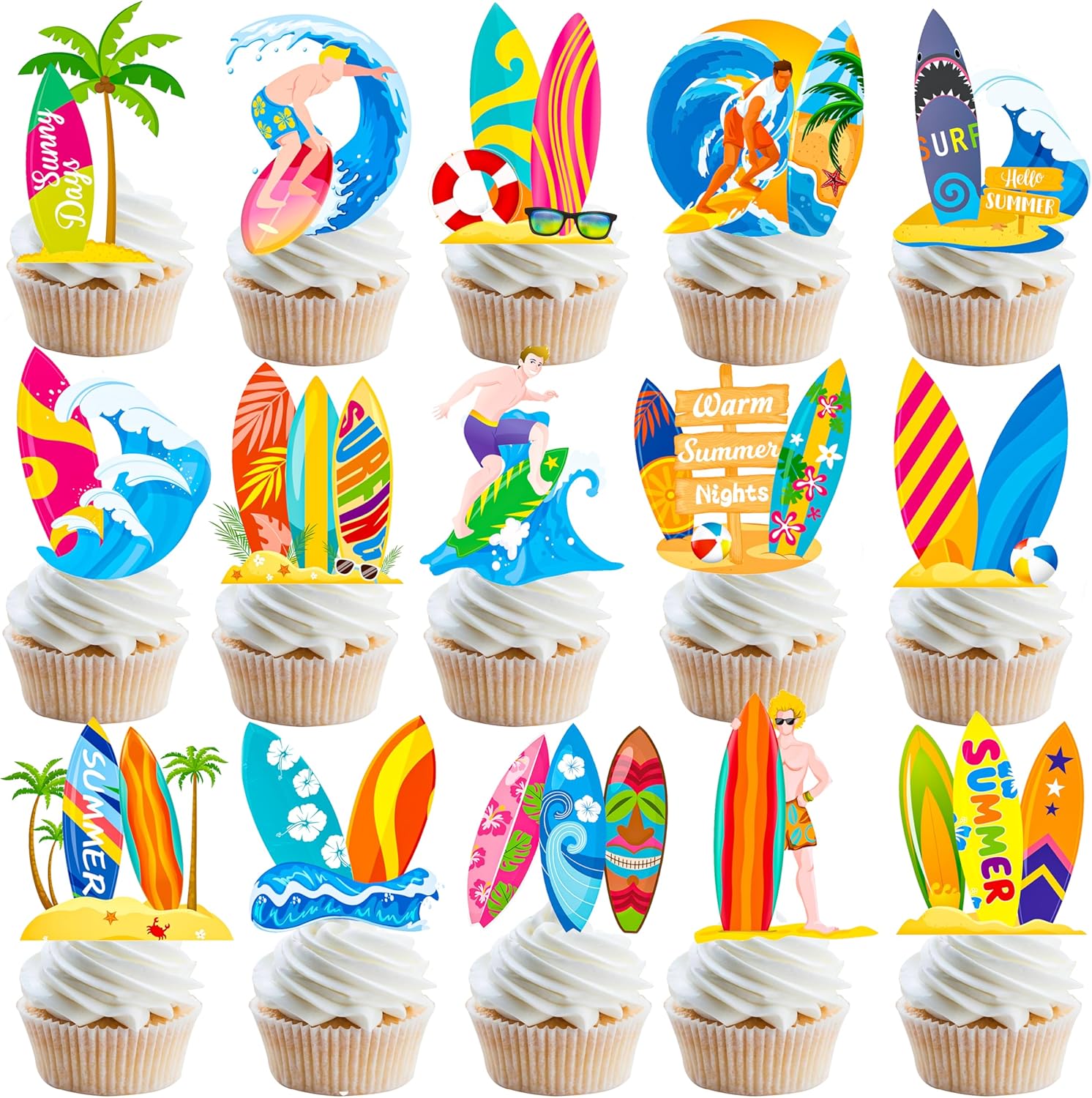 Amazon.com: 48pcs Surfboard Theme Cupcake Toppers Summer Surfing Party ...