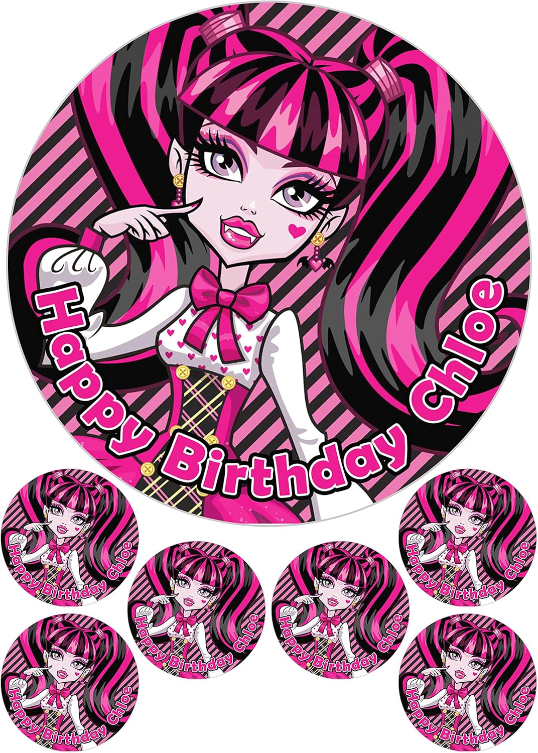 PERSONALISED MONSTER HIGH GIRLS 7 5 6 X 2 ROUND EDIBLE TOPPERS CAKE personalised-monster-high-girls-7-5-6-x-2-round-edible-toppers-cake