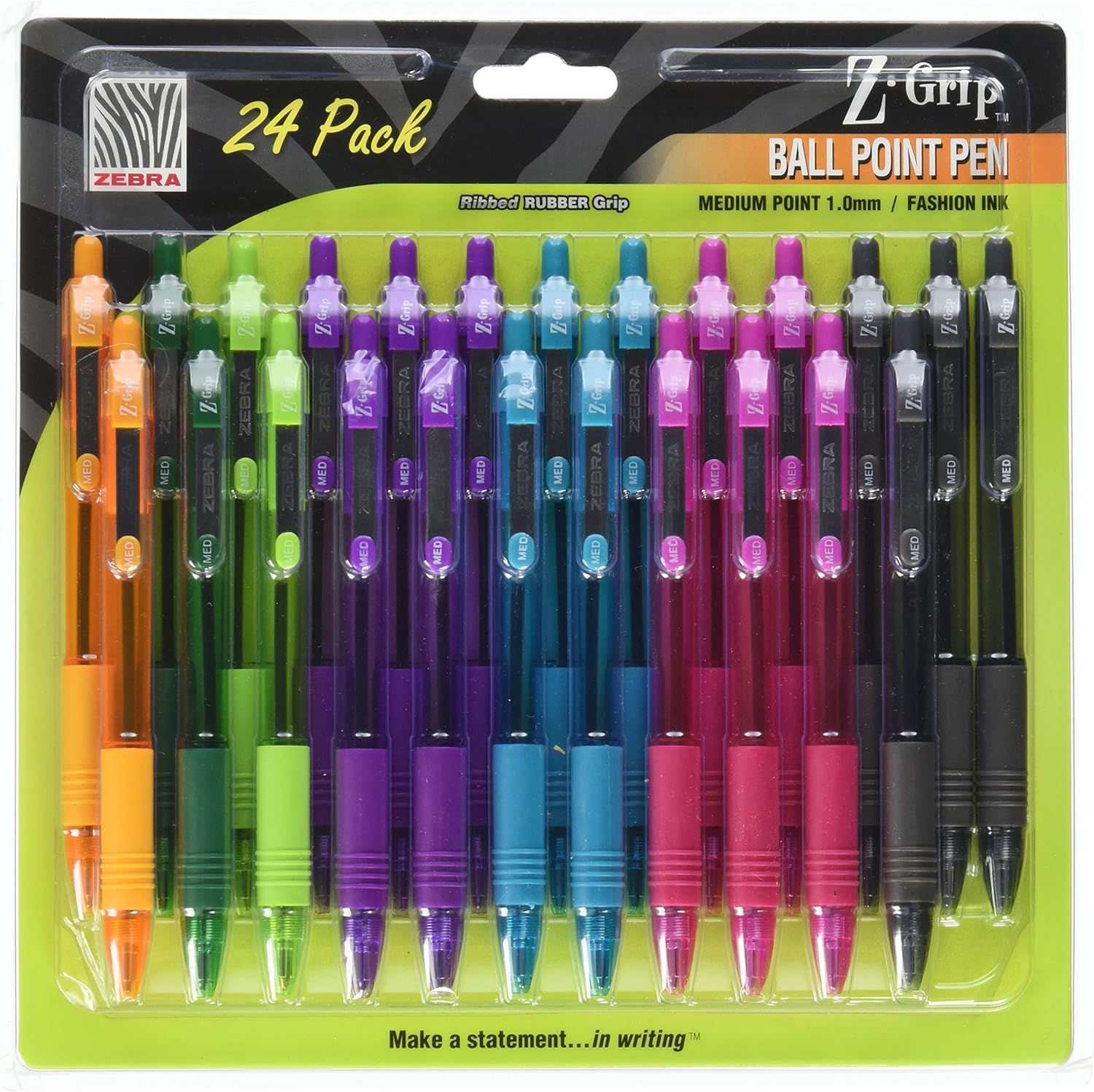 Amazon.com : Zebra Pen Ball Point Pen, Ret, Md Pt, 1.0mm, 24/PK, Multi ...