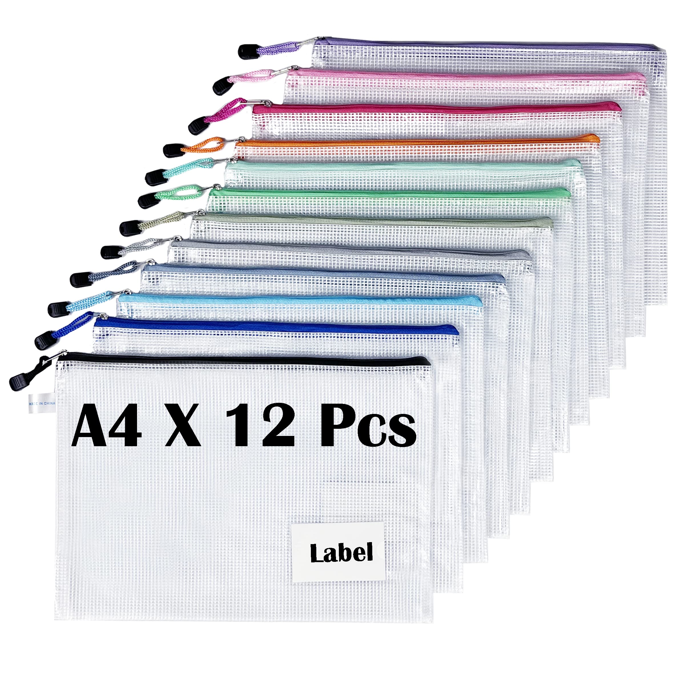 12 Pcs A4 Plastic Wallets Mesh Zipper Pouch with Label Pocket, TRANBO ...