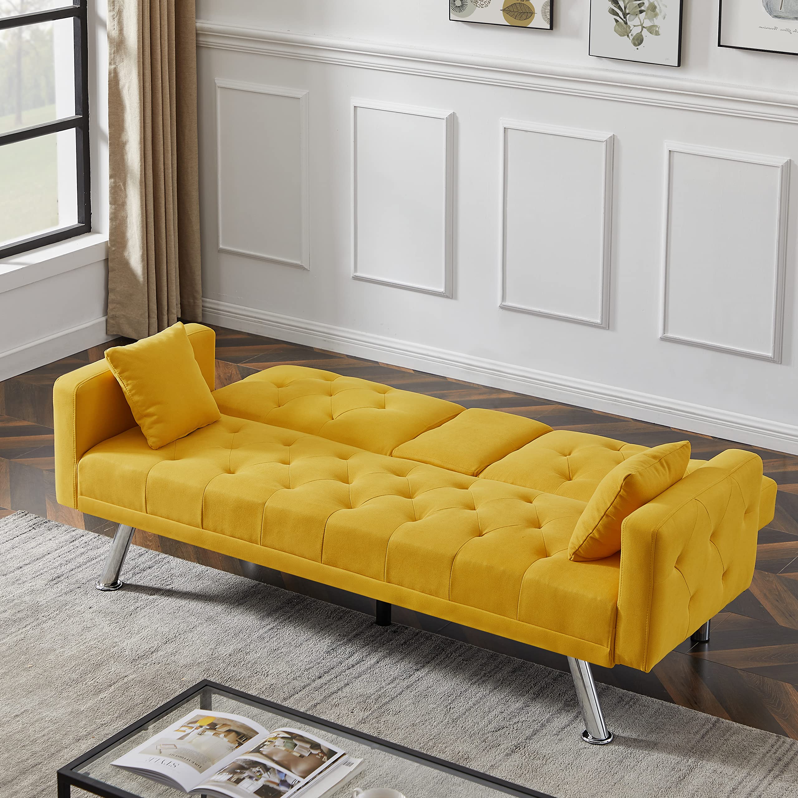 Eafurn Yellow Futon Couch,Convertible Sleeper Sofa Bed Daybed with 2 ...