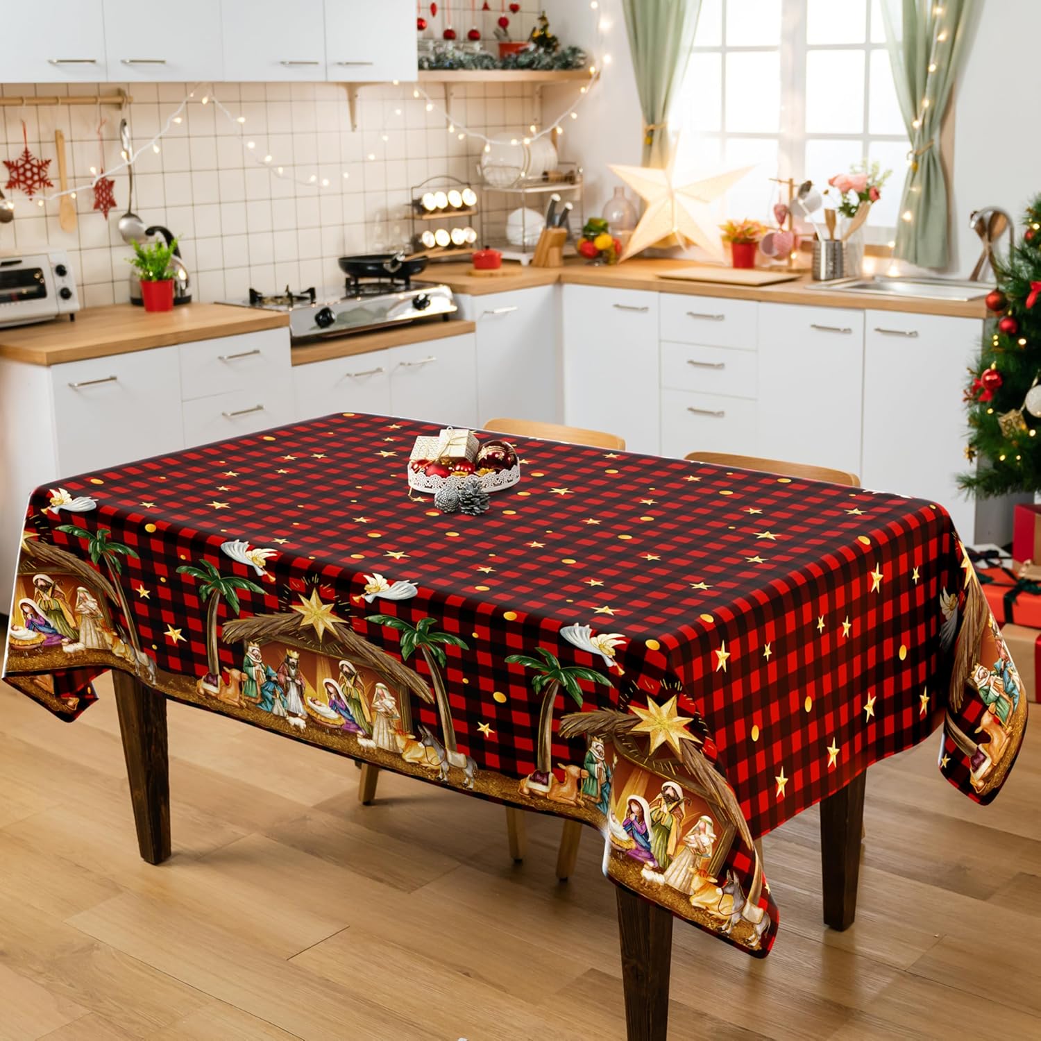 THAWAY Christmas Tablecloth 60×84 Inch Rectangular Nativity Scene Red ...