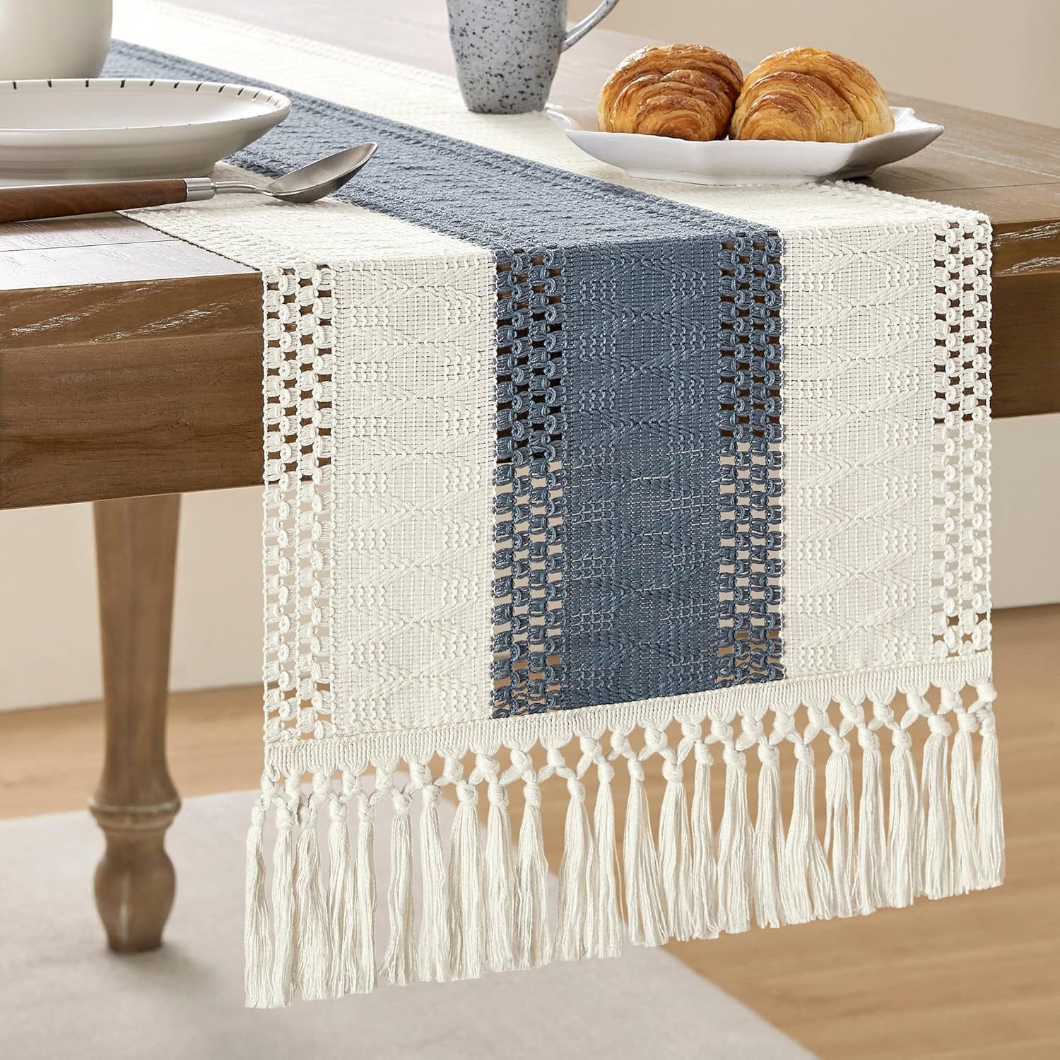Amazon.com: ZeeMart Macrame Style Bicolor Stitching Table Runner, 14 x ...