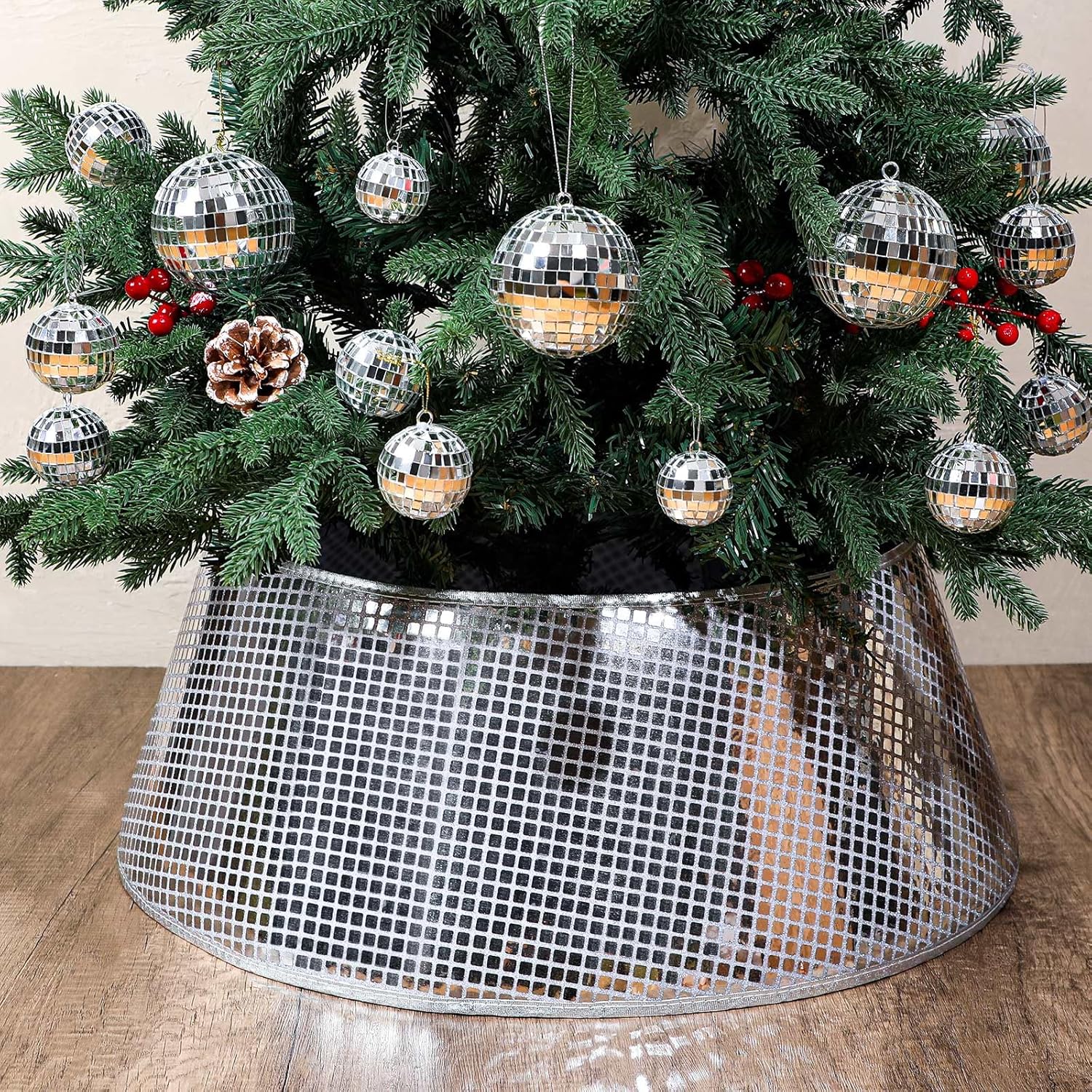Amazon.com: Poen Silver Disco Mirror Christmas Tree Collar for ...