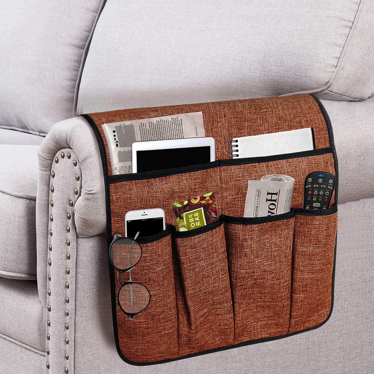Linen Sofa Chair Armrest Organizer，Couch Arm Chair Caddy with 7 Pockets ...