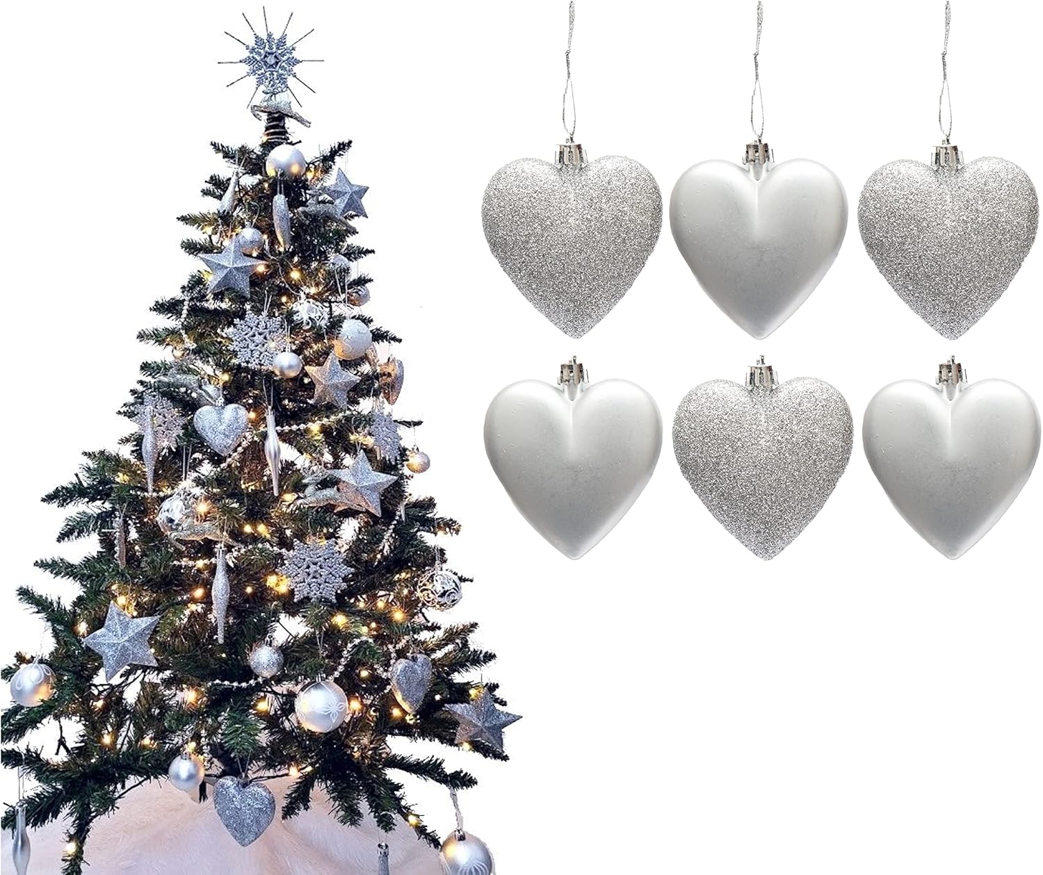 6pc Large Glitter & Matte Heart Baubles - Great Christmas Tree ...