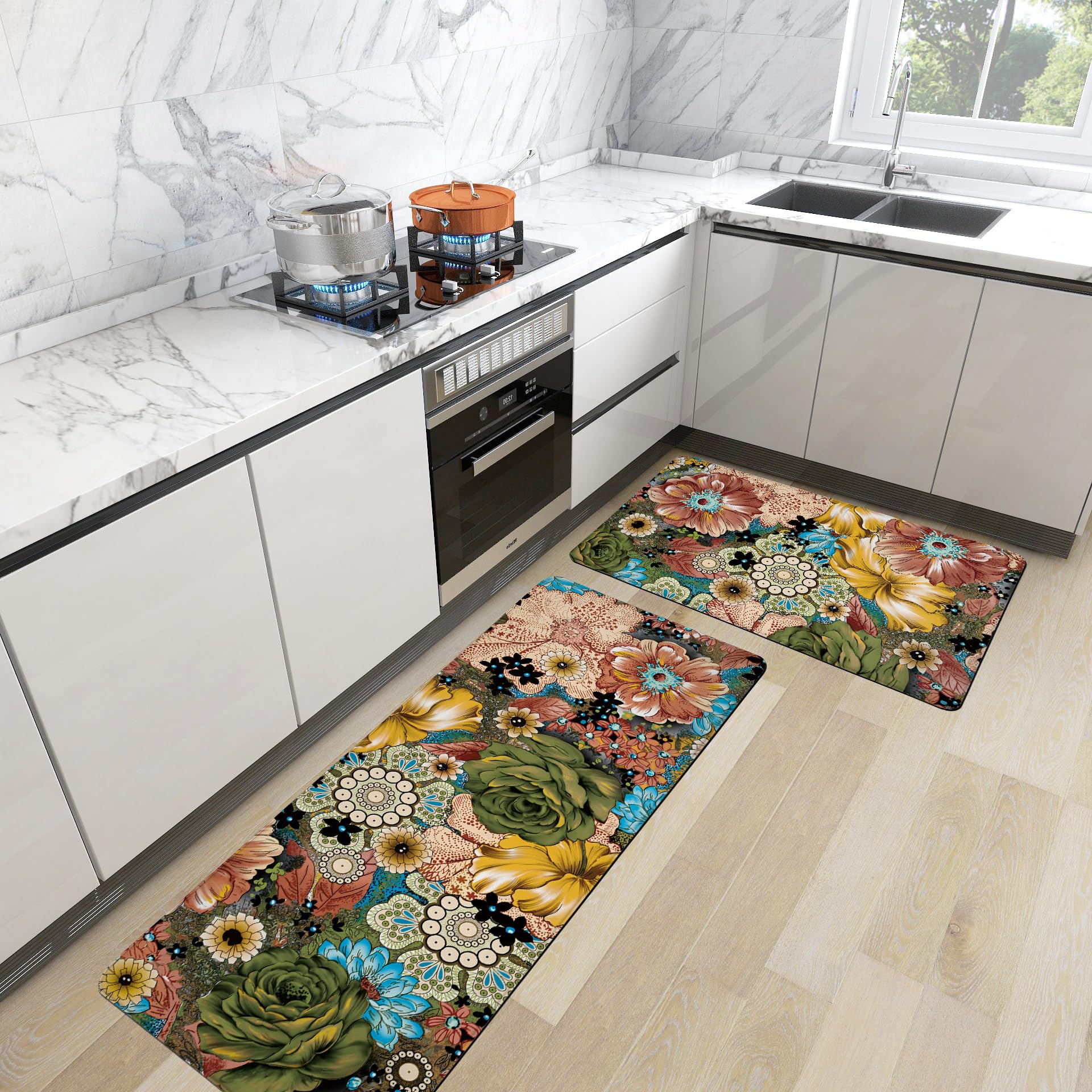 Boho Floral Kitchen Rug Set 2 Piece Colourful Flowers Non-Slip Kitchen ...