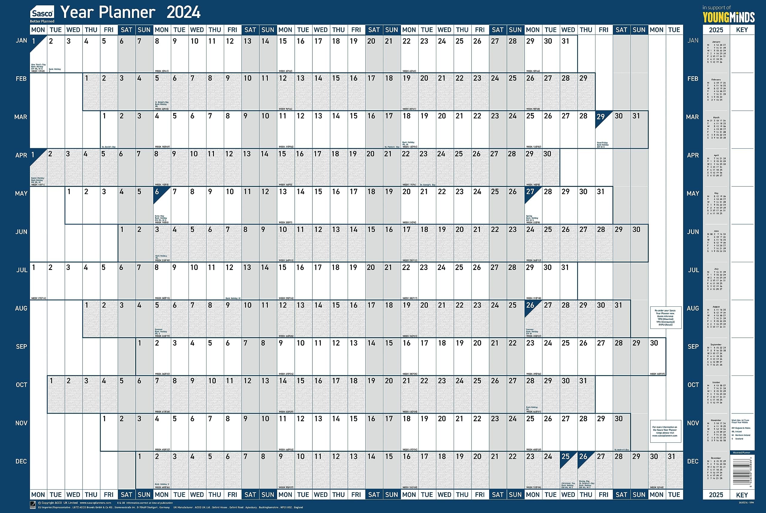 Sasco 2024 Yearly Wall Planner Set, Board Mounted Whiteboard Style Dry ...