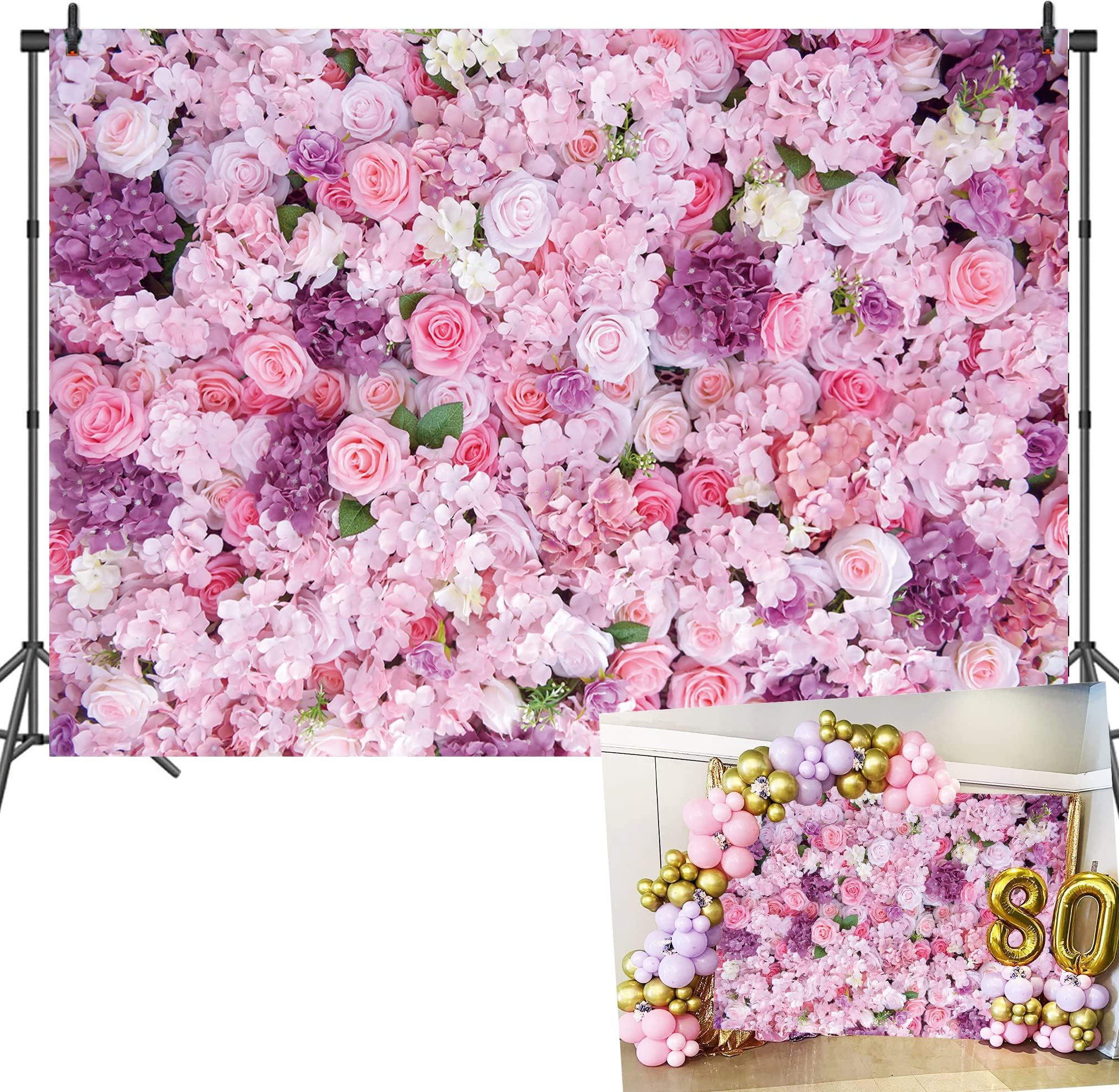 Amazon.com : 7x5ft Pink Purple Flowers Wall Backdrop Spring Pink Rose ...